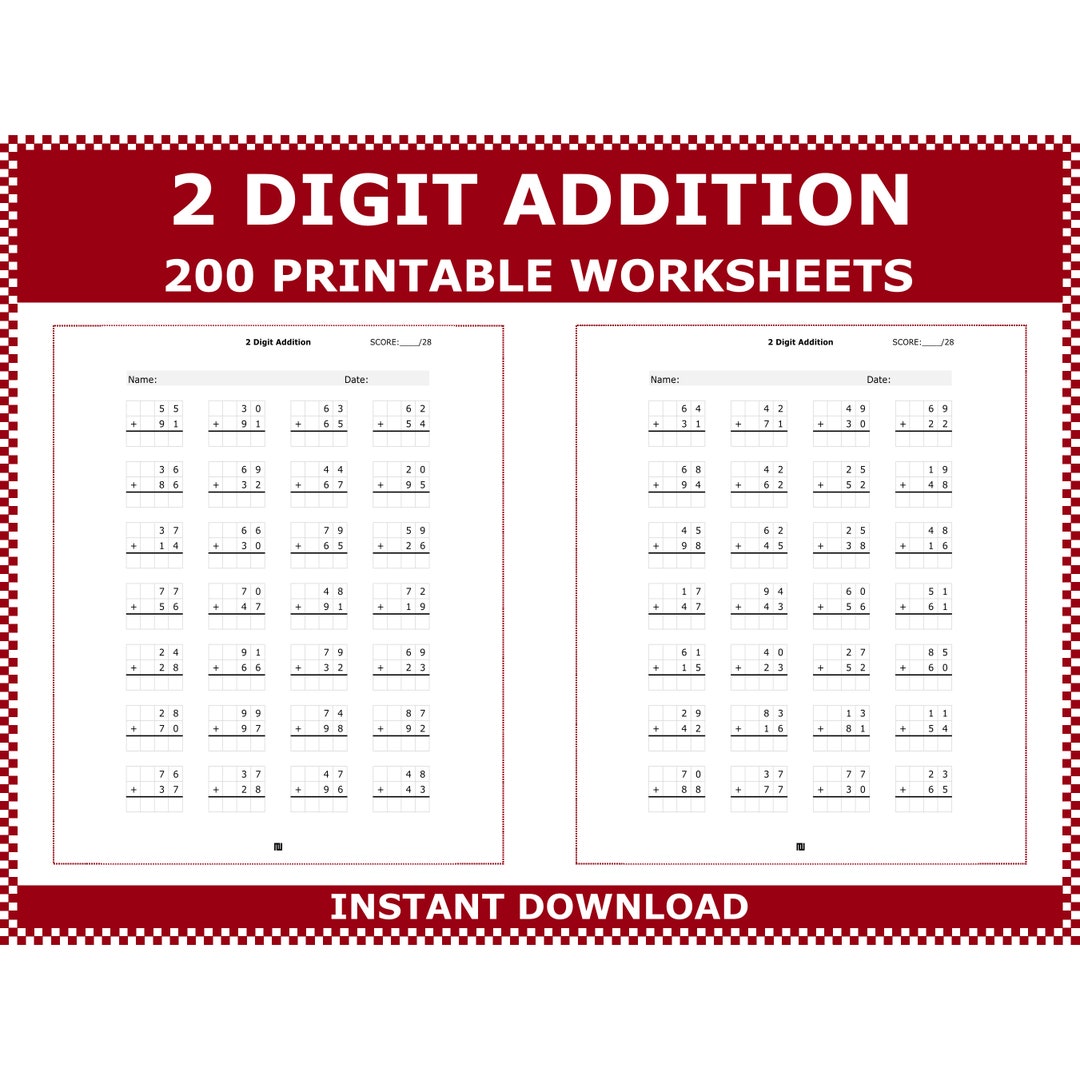 2 Digit Addition Double Digit Addition Worksheets 200 Practice Pages 2 ...
