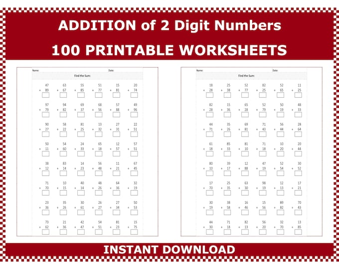 11 Printable Double Digit Addition Worksheets. Numbers 10 - 20. Grades ...