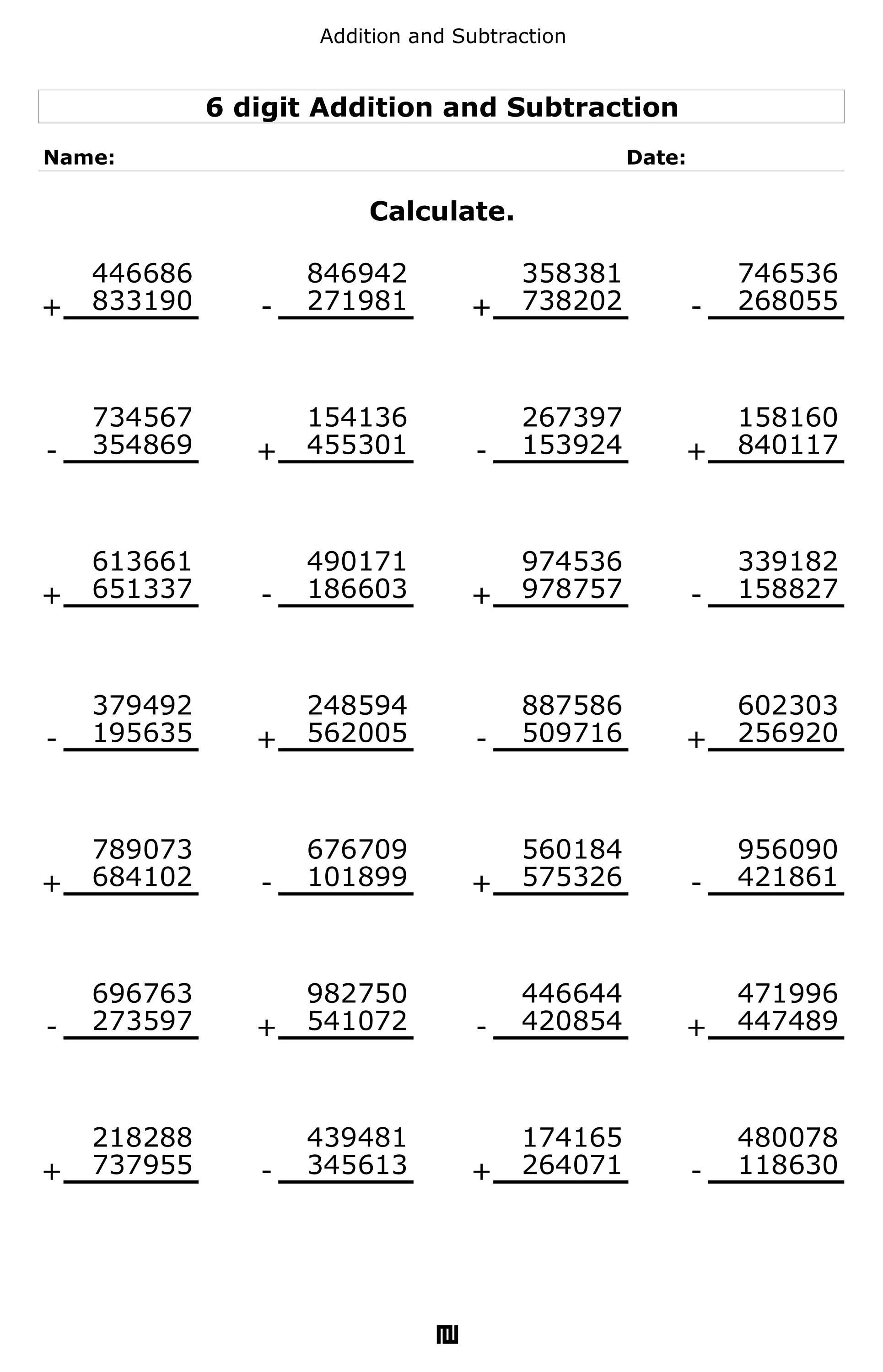 Mixed 6 Digit Addition and 6 Digit Subtraction Math Worksheets ...