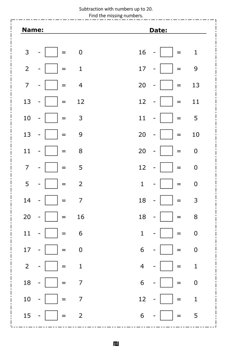 Subtraction With Numbers up to 20. Find the Missing Numbers. Mental ...
