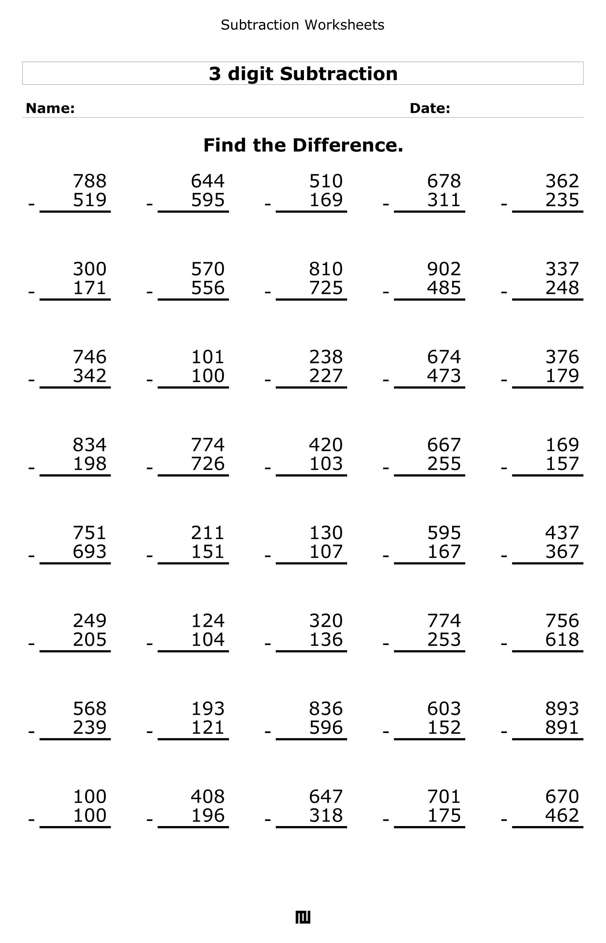3 Digit Subtraction Worksheets. 3 Digit Minus 3 Digit Subtraction ...