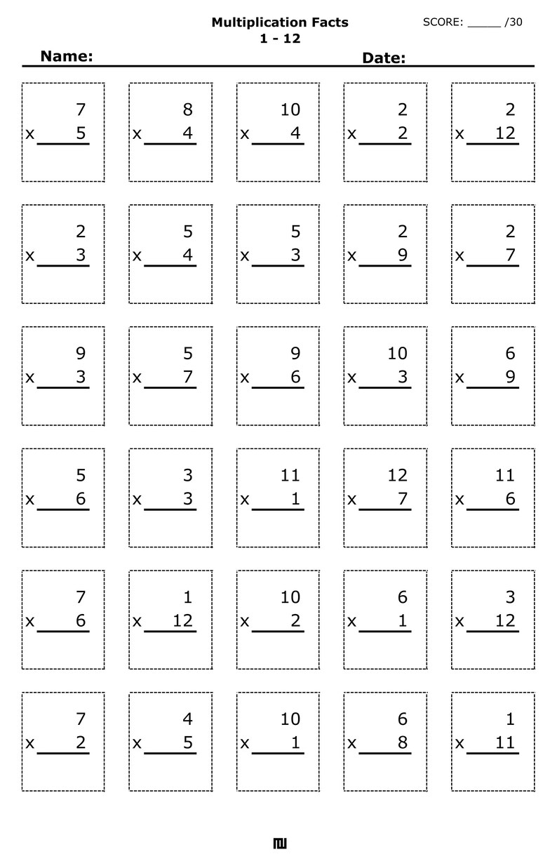 Multiplication Facts 1 to 12. Timed Tests, Scored Tests. Multiplication ...