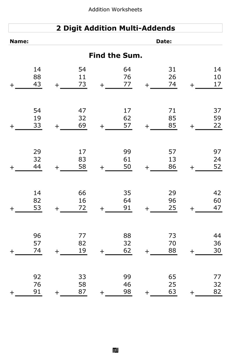 Multi-addends 2 Digit Numbers Worksheets. Add up Three 2 Digit Numbers ...