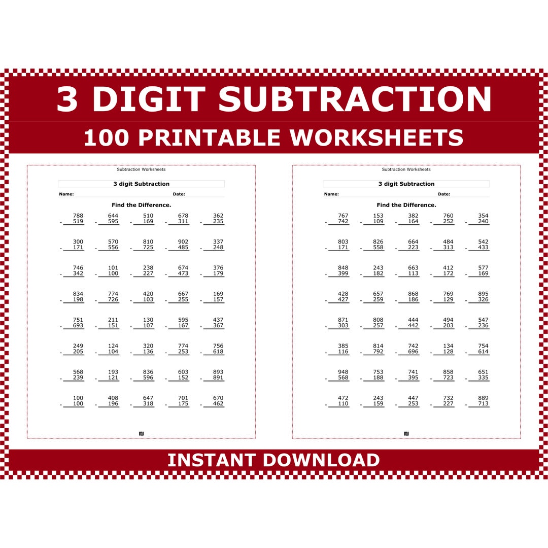 3-digit Subtraction Worksheets: 100 Printable Pages (PDF Pattern) - Etsy