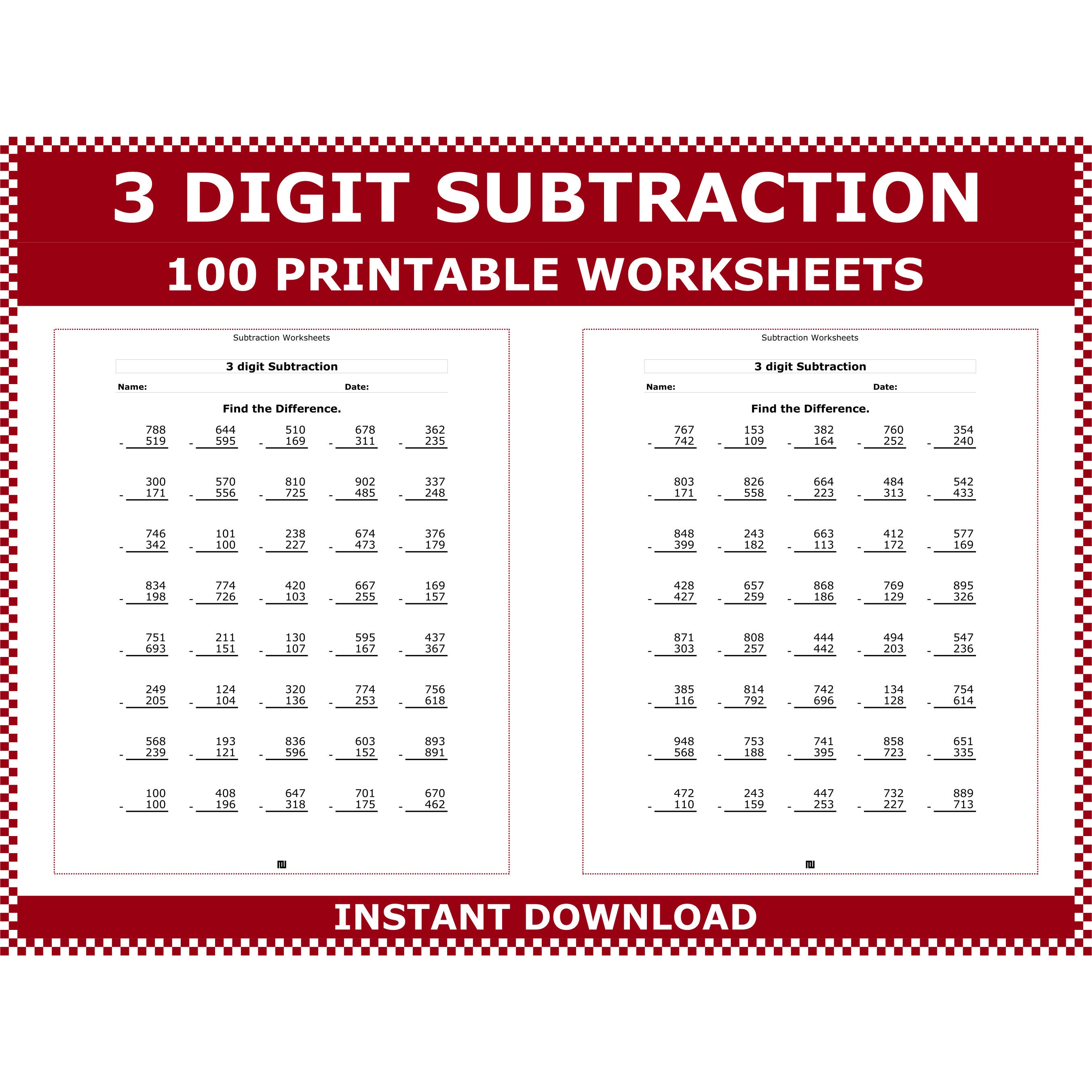 Subtraction Worksheets For 3rd Grade