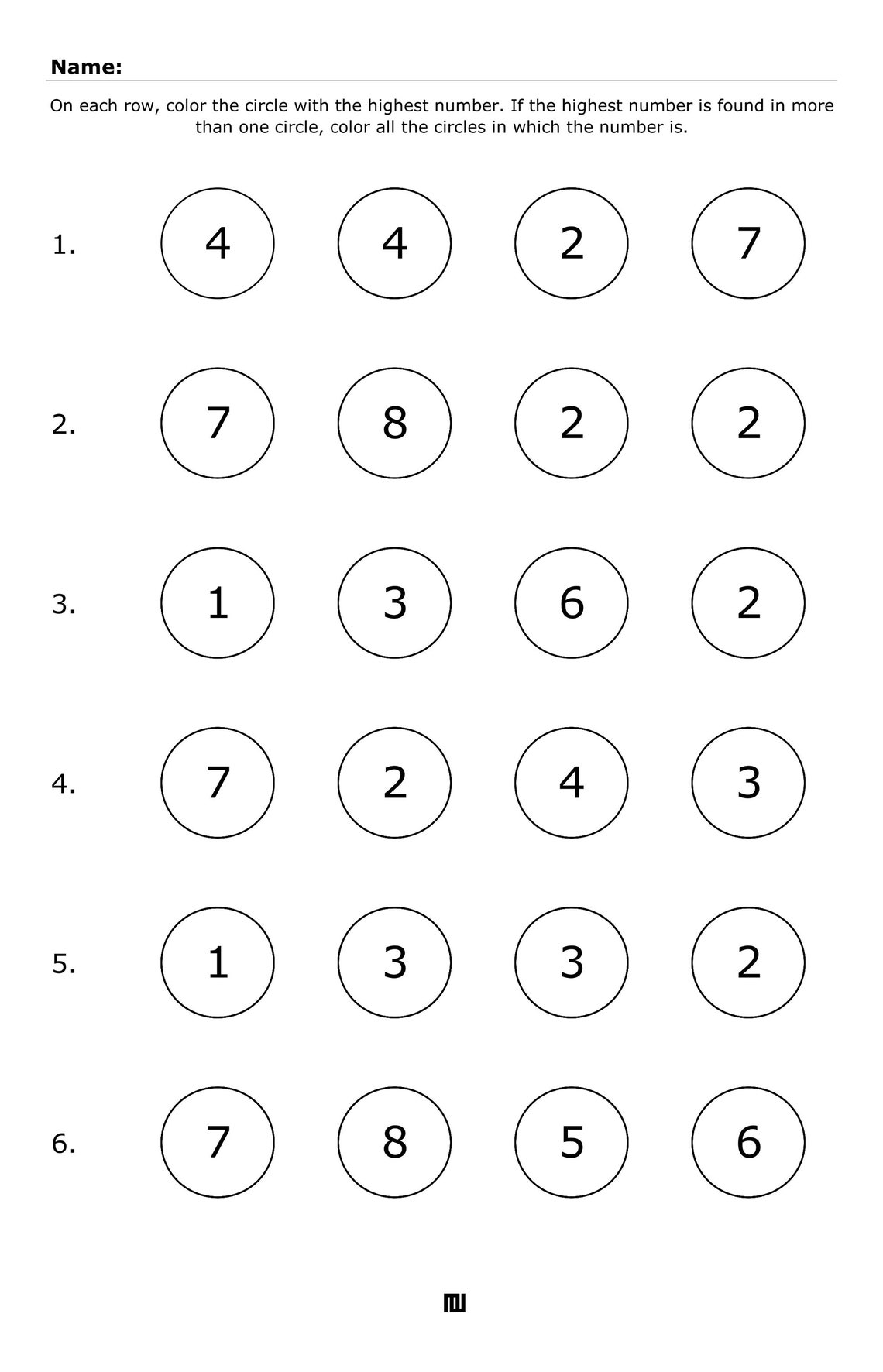 Identify the Biggest Number Worksheets. Color the Circle That Has the ...