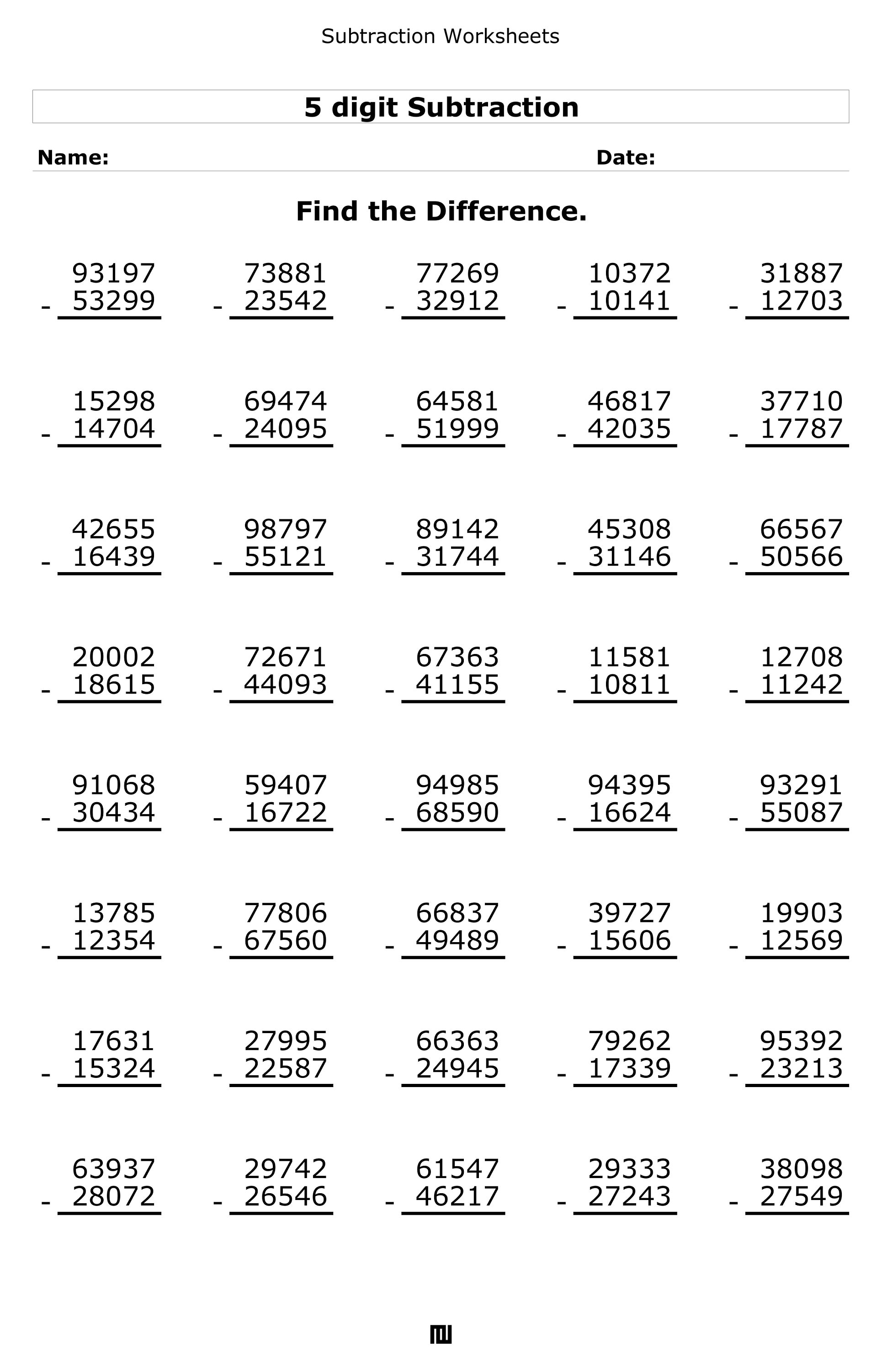 5 Digit Subtraction Worksheets. 5 Digit Minus 5 Digit Subtraction. Long ...