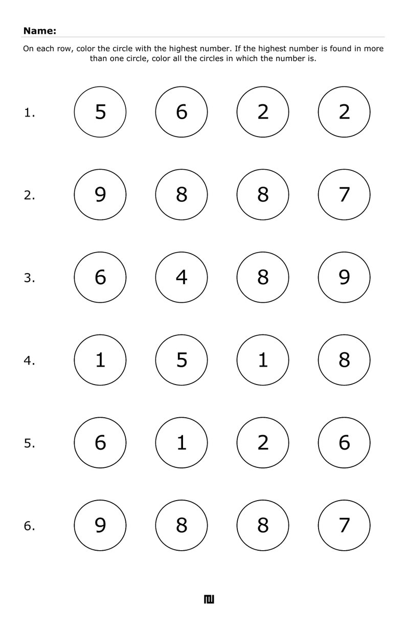 Identify the Biggest Number Worksheets. Color the Circle That Has the ...