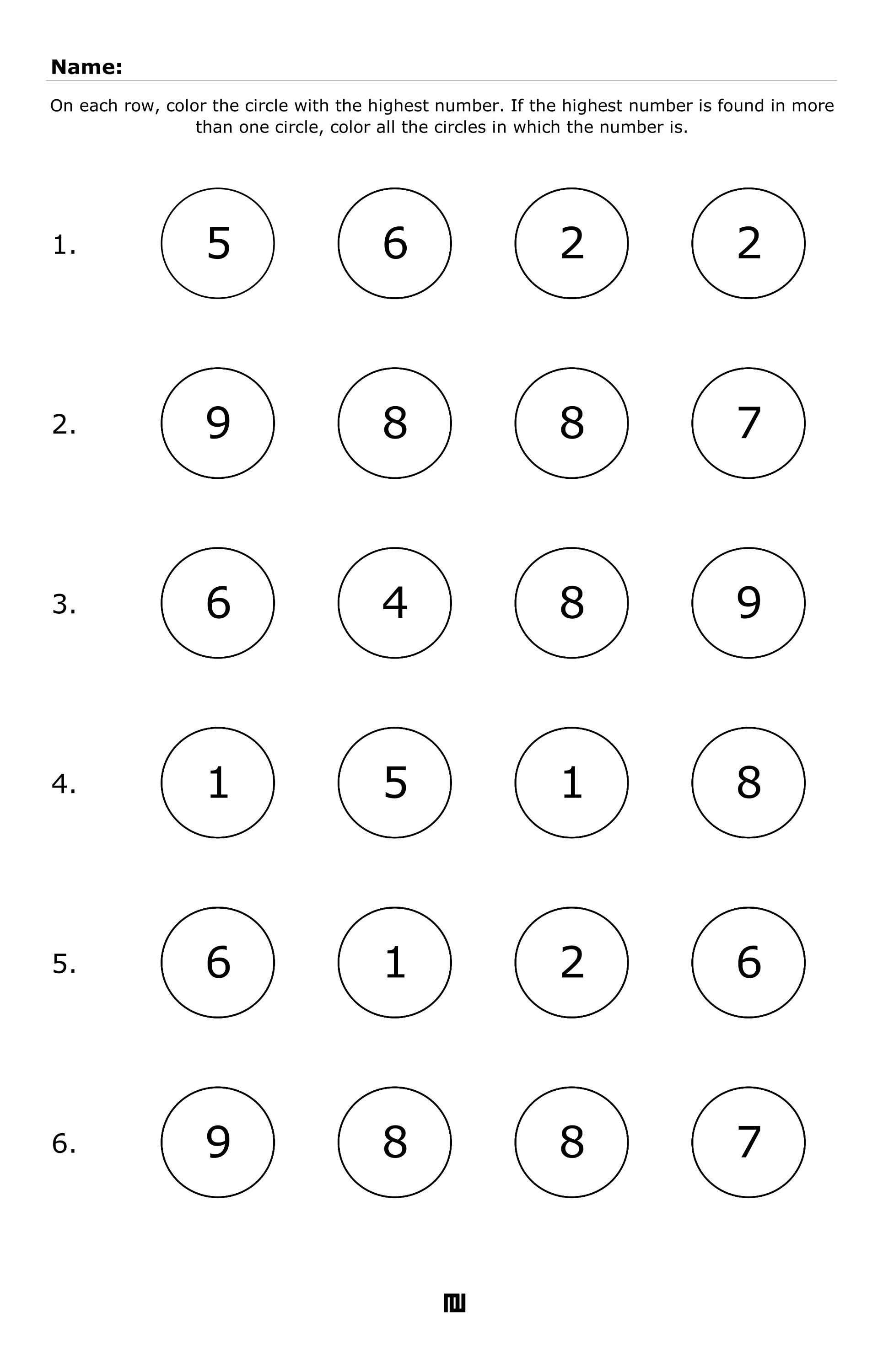 Identify the Biggest Number Worksheets. Color the Circle That Has the ...