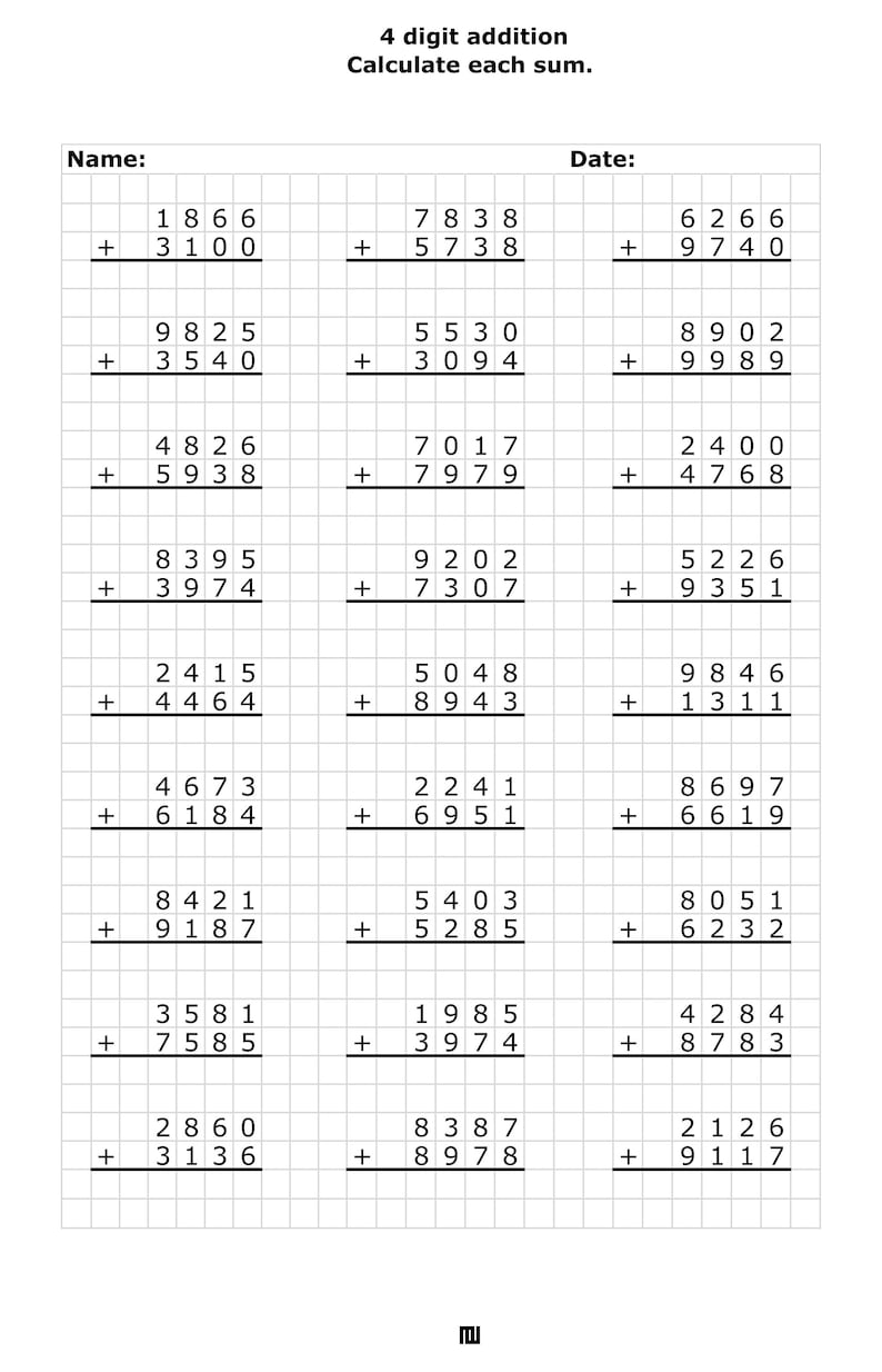 4-digit Addition Worksheets: 3rd-4th Grade Math (PDF Download) - Etsy