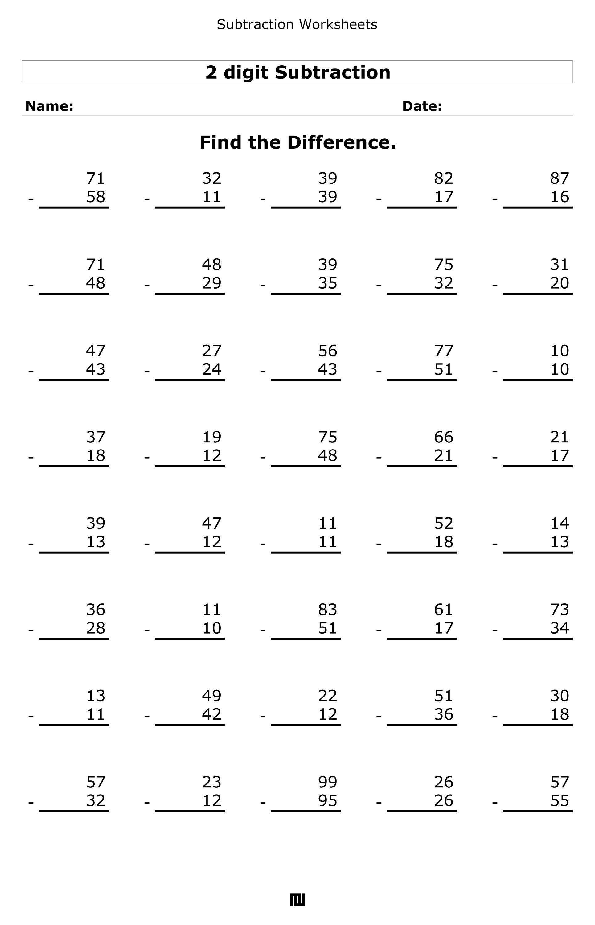 2 Digit Subtraction Worksheets. 2 Digit Minus 2 Digit Subtraction ...