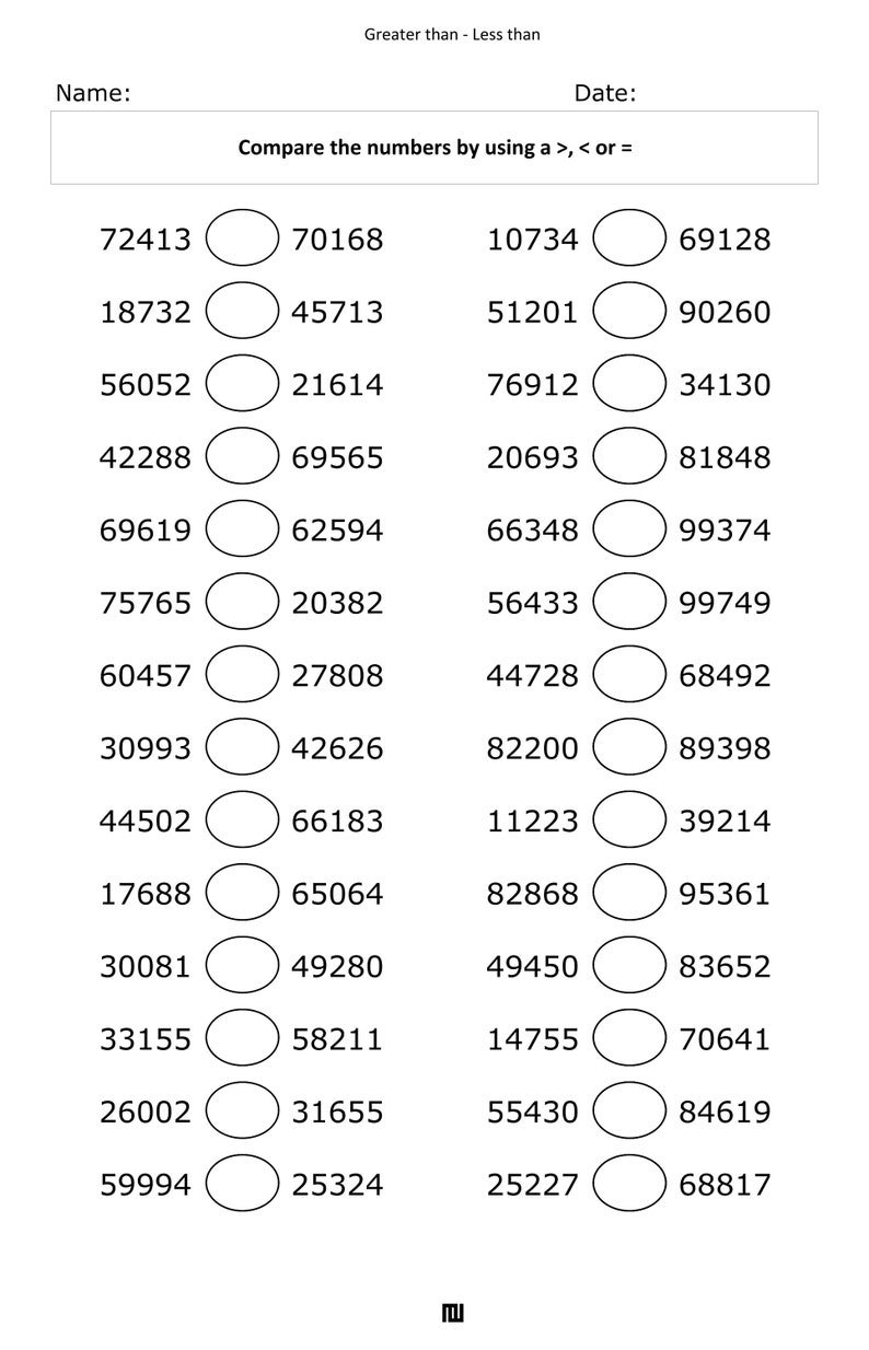 Comparing Numbers Worksheets: 2-5 Digit Math (PDF) - Etsy Ireland