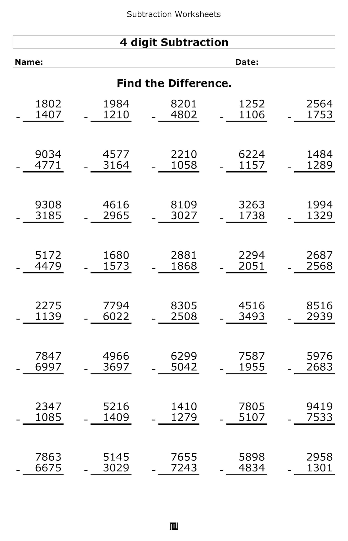 4 Digit Subtraction Worksheets. 4 Digit Minus 4 Digit Subtraction ...