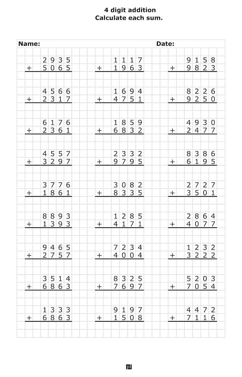 4-digit Addition Worksheets: 3rd-4th Grade Math (PDF Download) - Etsy