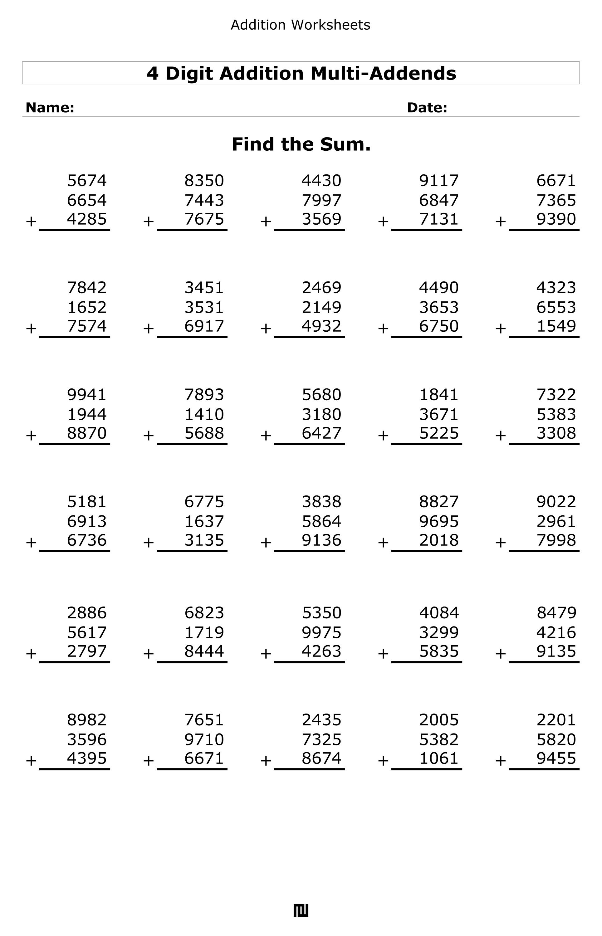 4 Digit Addition Multi-addends. Multi-addends 4 Digit Numbers. Adding ...