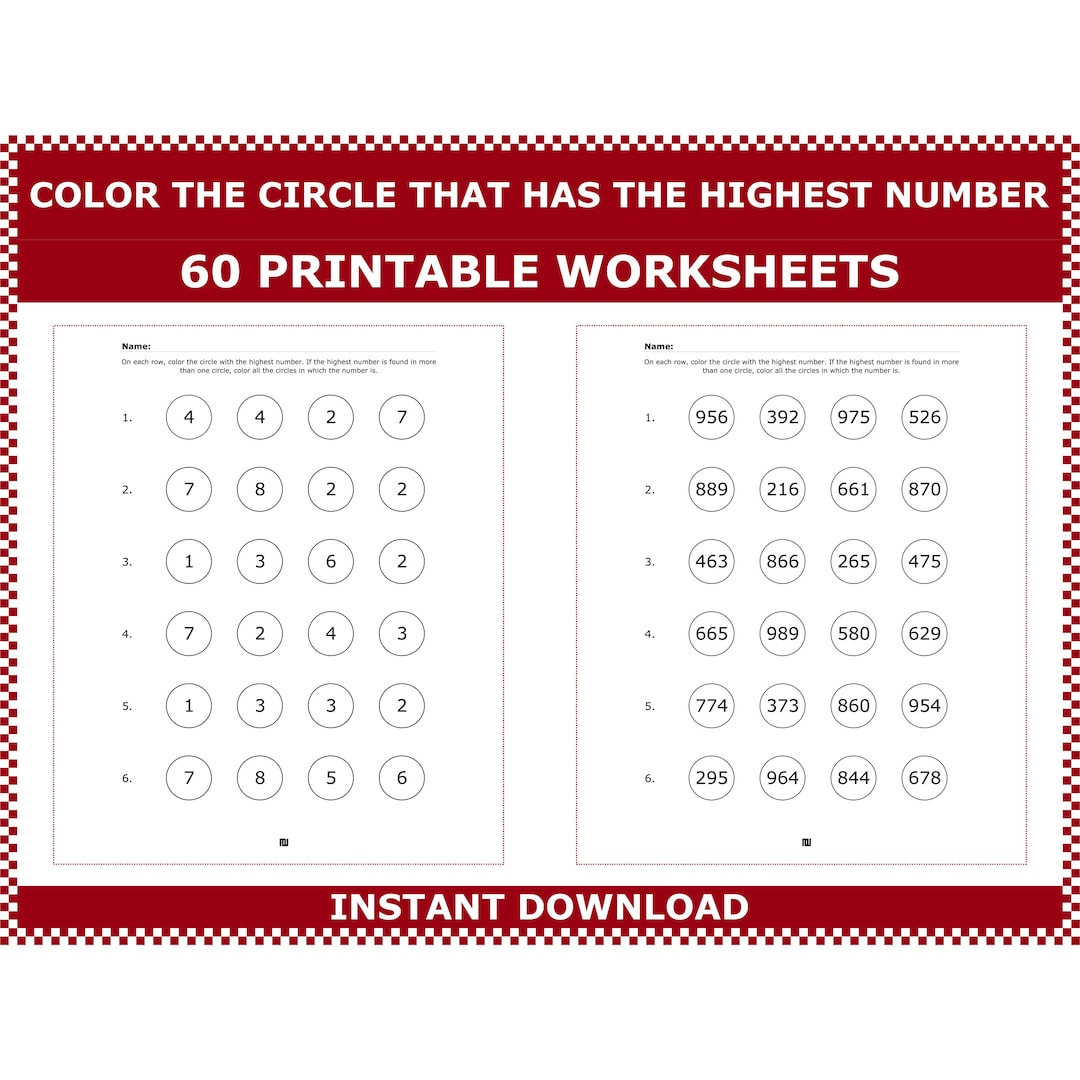 Identify the Biggest Number Worksheets. Color the Circle That Has the ...
