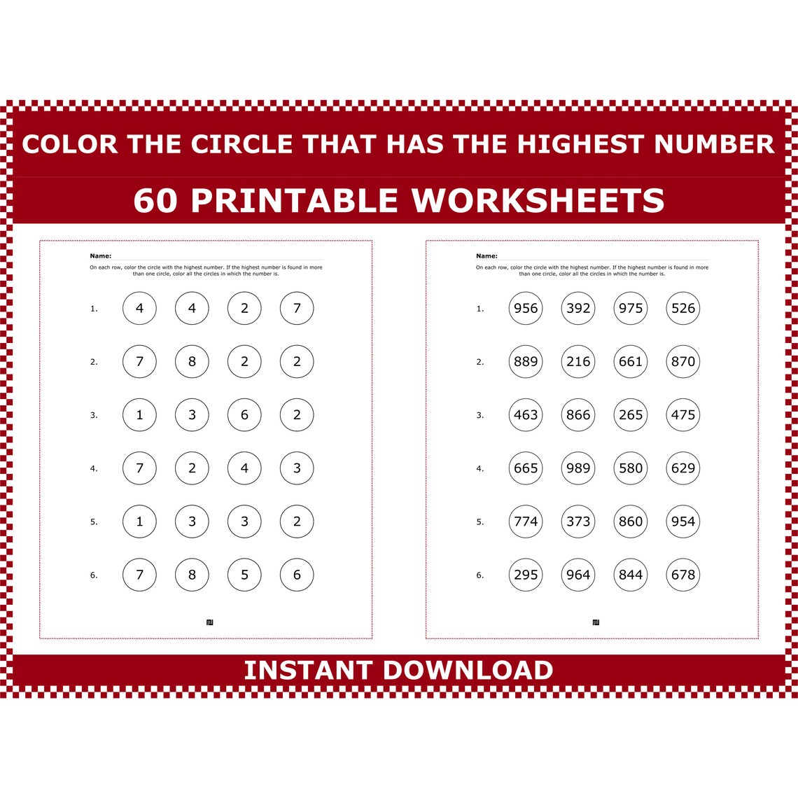 Identify the Biggest Number Worksheets. Color the Circle That Has the ...