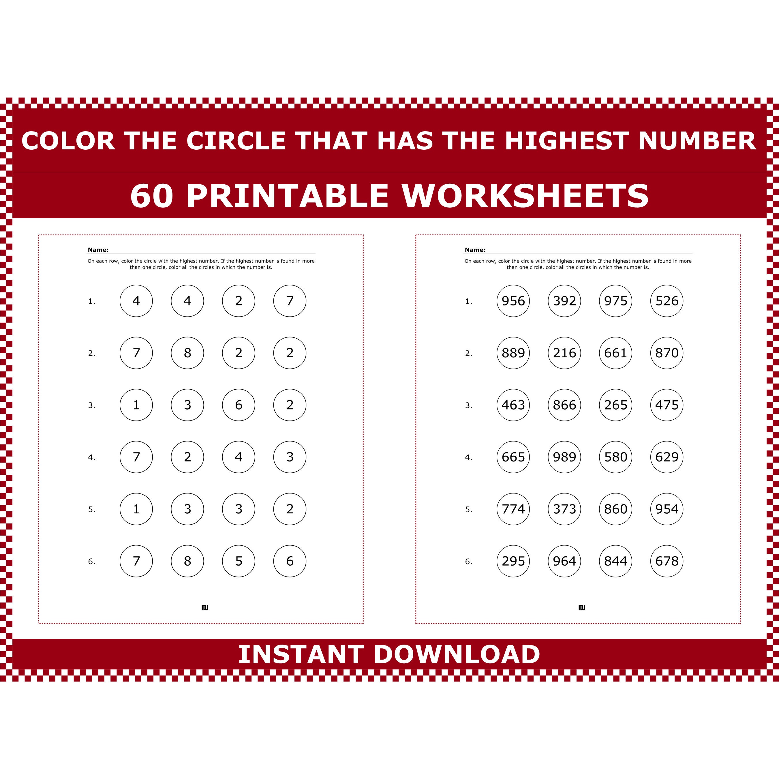 Identify the Biggest Number Worksheets. Color the Circle That Has the ...