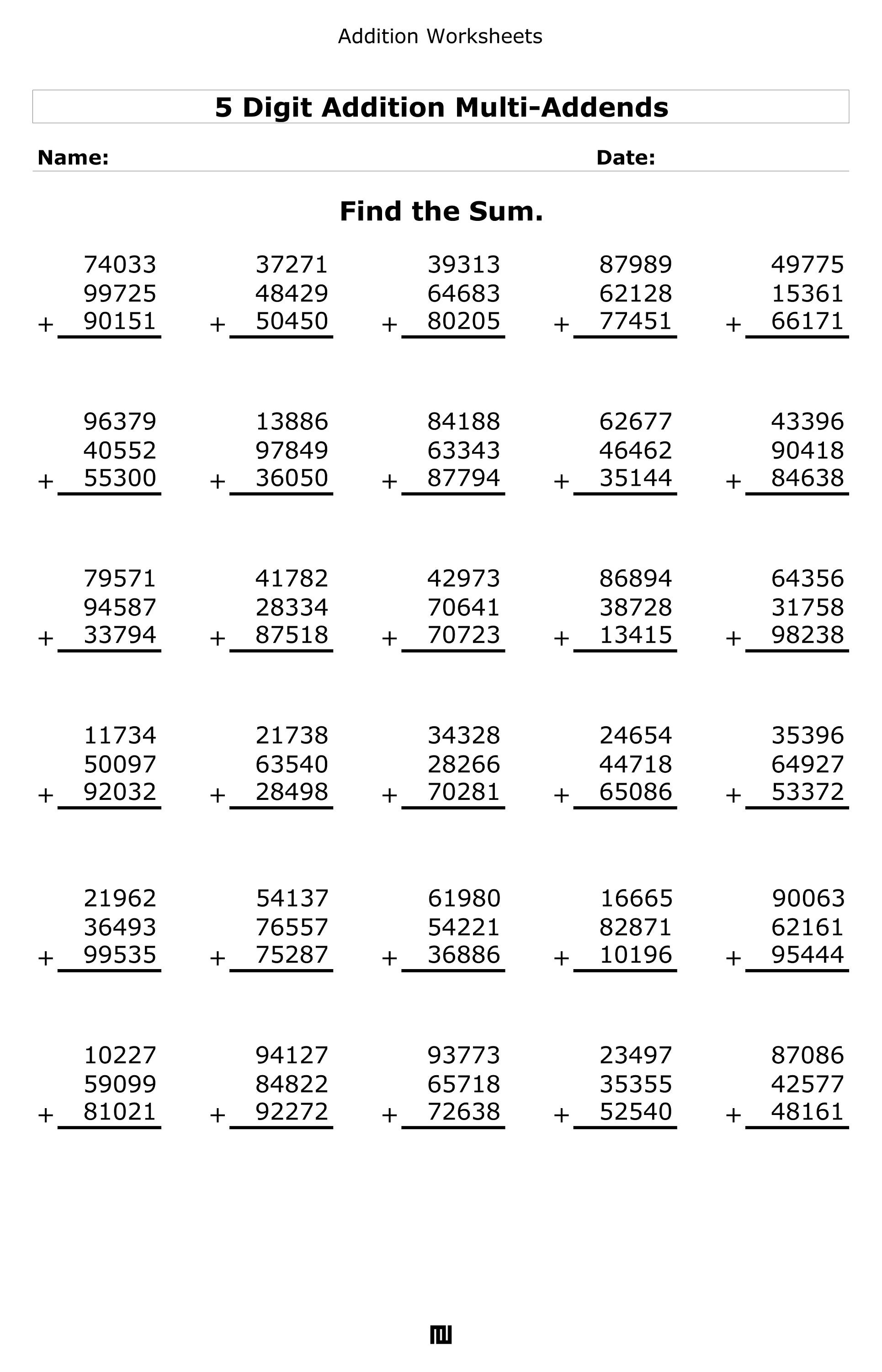 5 Digit Addition Multi-addends Worksheets. Multi-addends 5 Digit ...