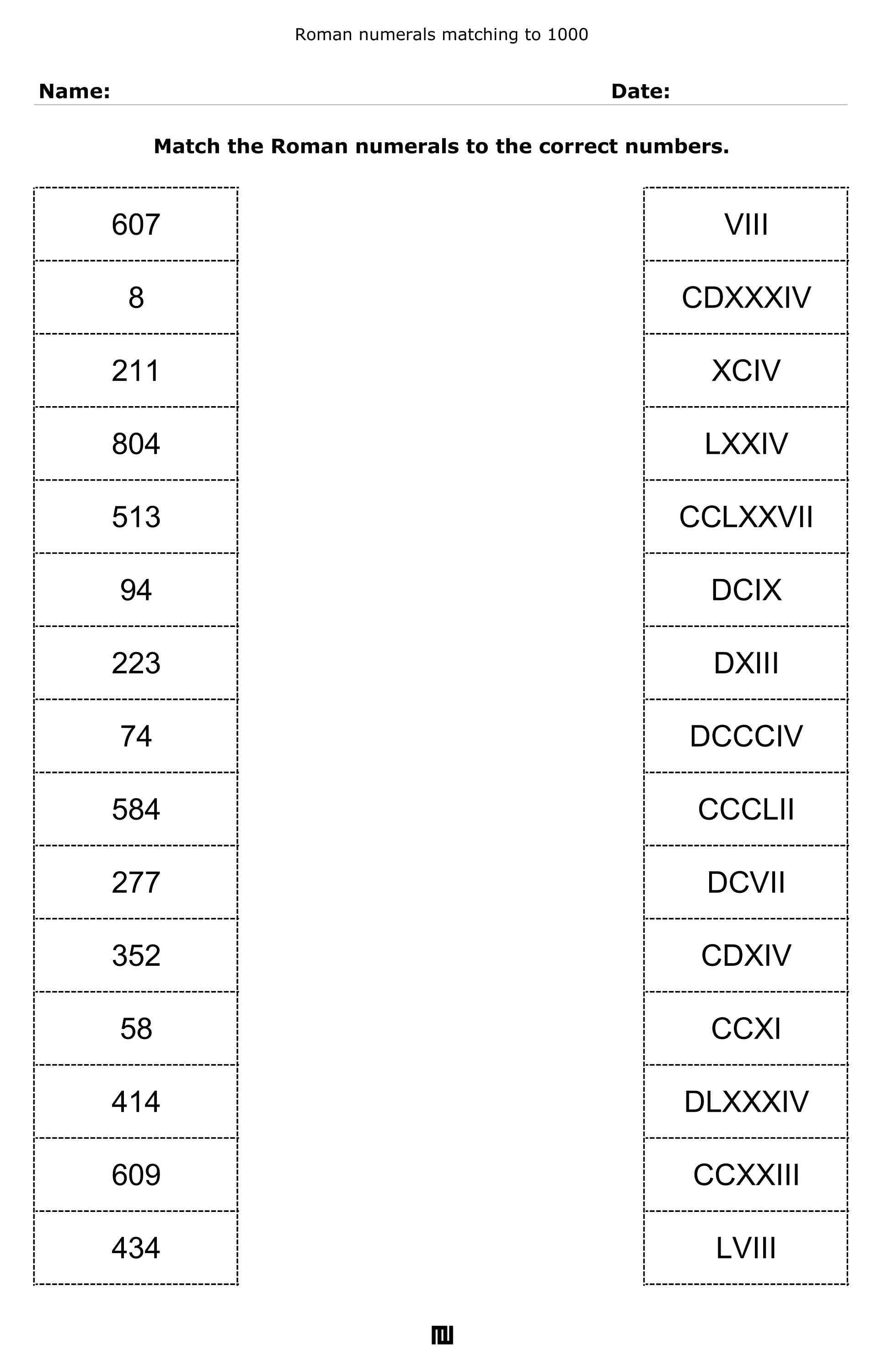 Roman Numerals Matching to 1000. Match the Numbers 1 to 1000. Roman ...