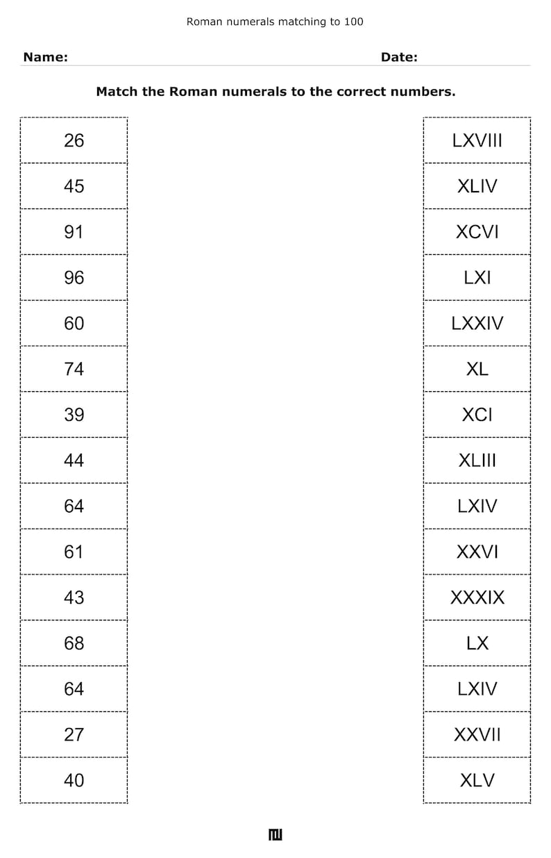 Roman Numerals Matching to 100. Match the Numbers 1 to 100. - Etsy