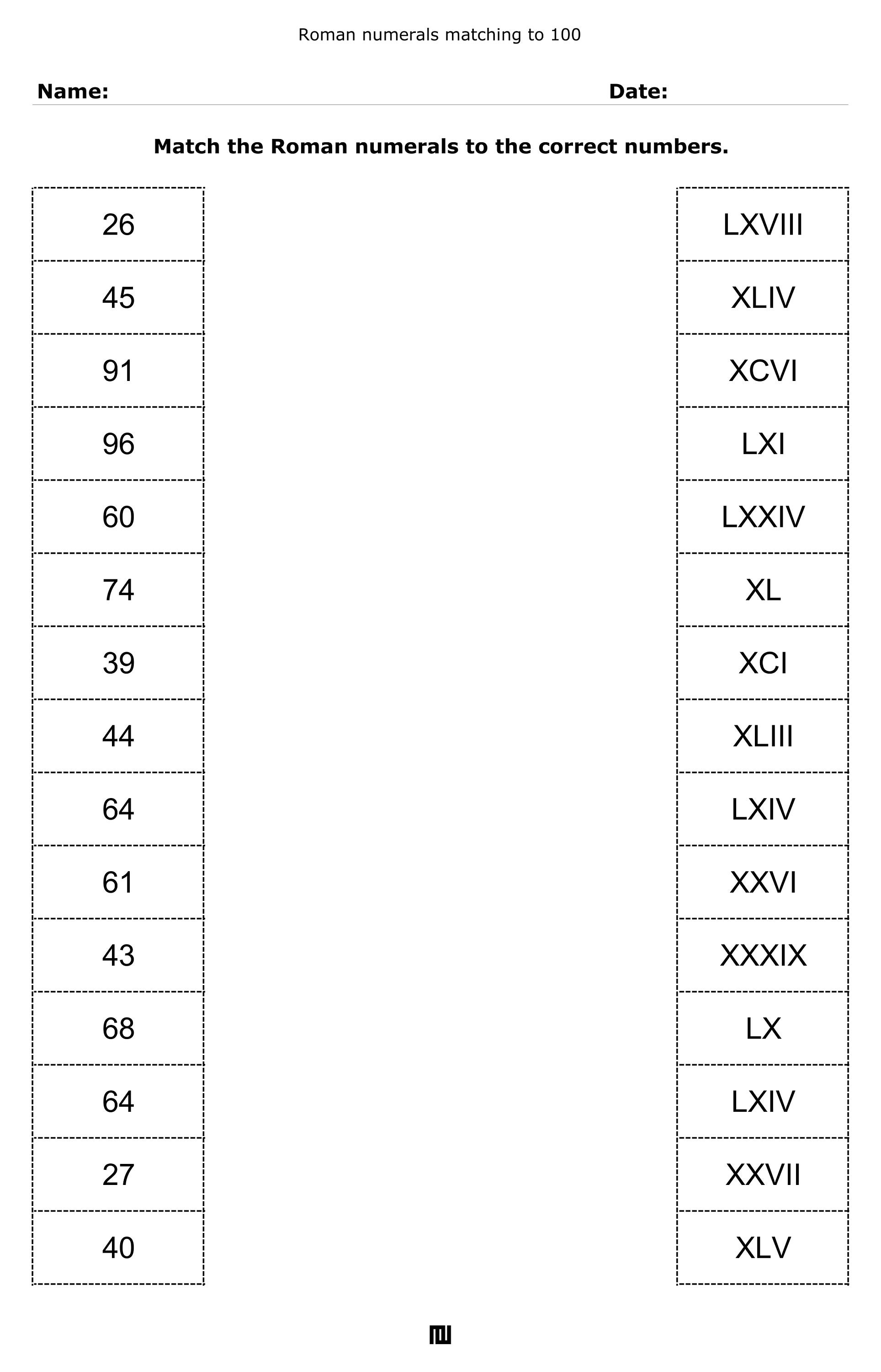 Roman Numerals Matching to 100. Match the Numbers 1 to 100. - Etsy