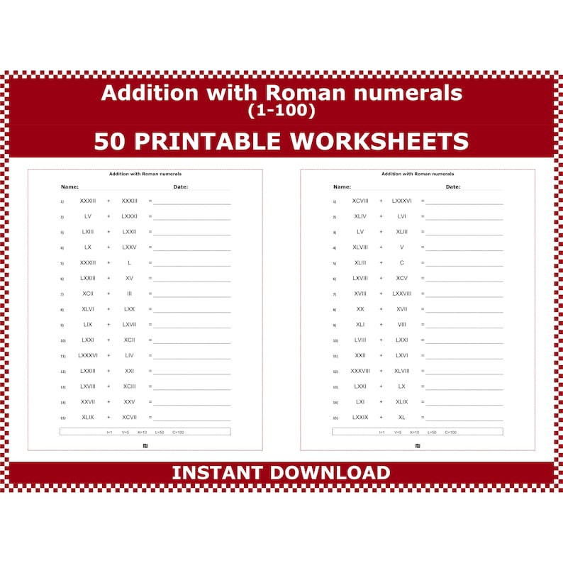 Roman Numerals Addition Worksheets: Math Exercises (digital Download ...