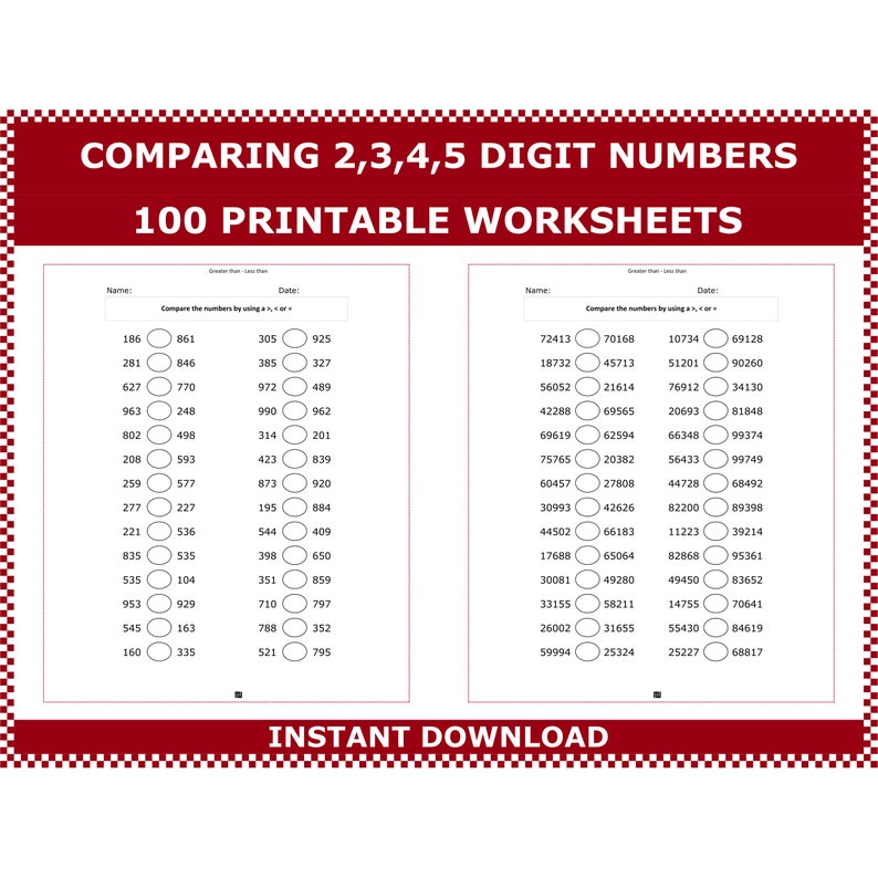 Comparing Numbers Worksheets: 2-5 Digit Math (PDF) - Etsy Ireland