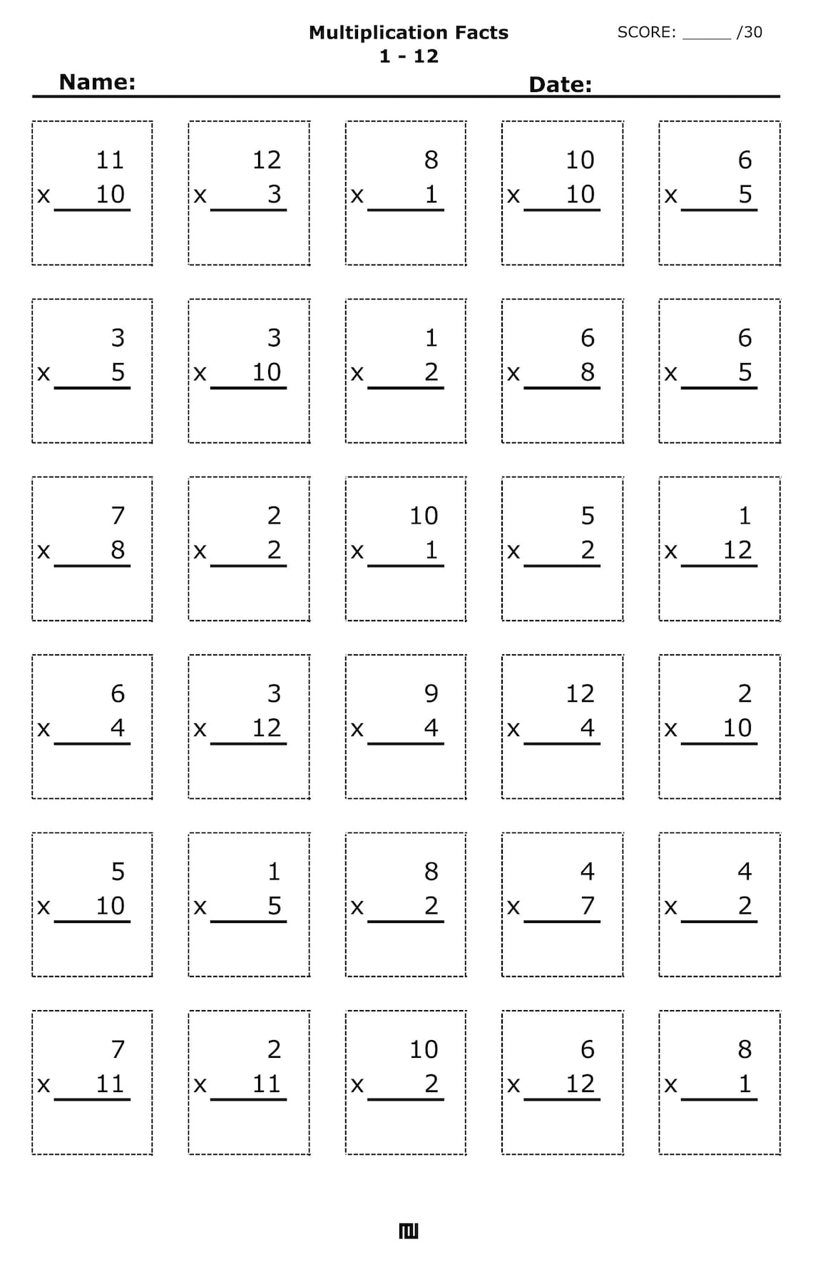 Multiplication Facts 1 to 12. Timed Tests Scored Tests. - Etsy