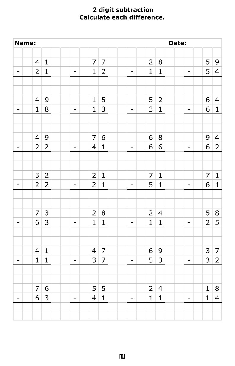 Double Digit Subtraction Worksheets for Kids. Subtracting 2 Digit ...