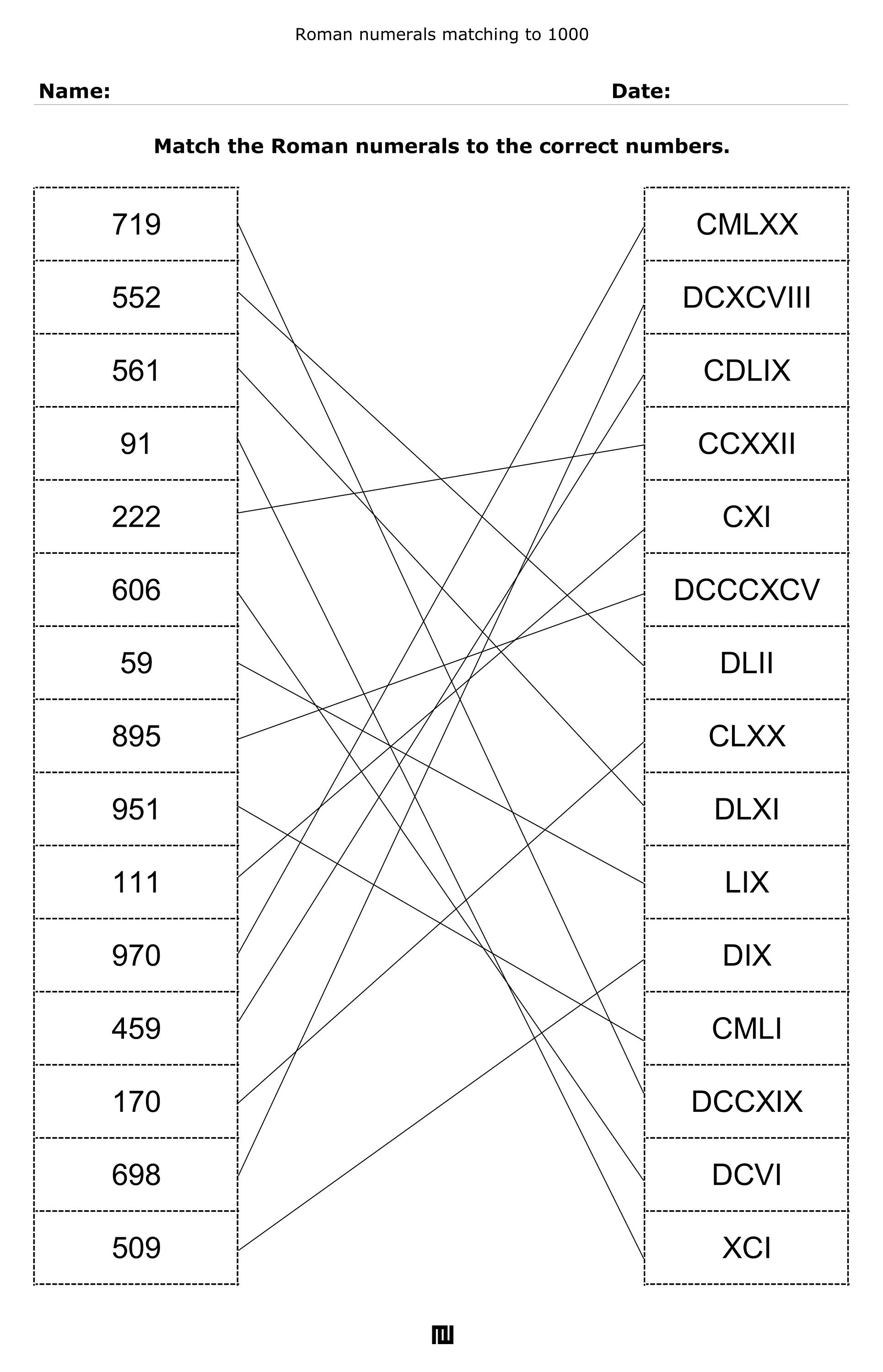 Roman Numerals Matching to 1000. Match the Numbers 1 to 1000. Roman ...