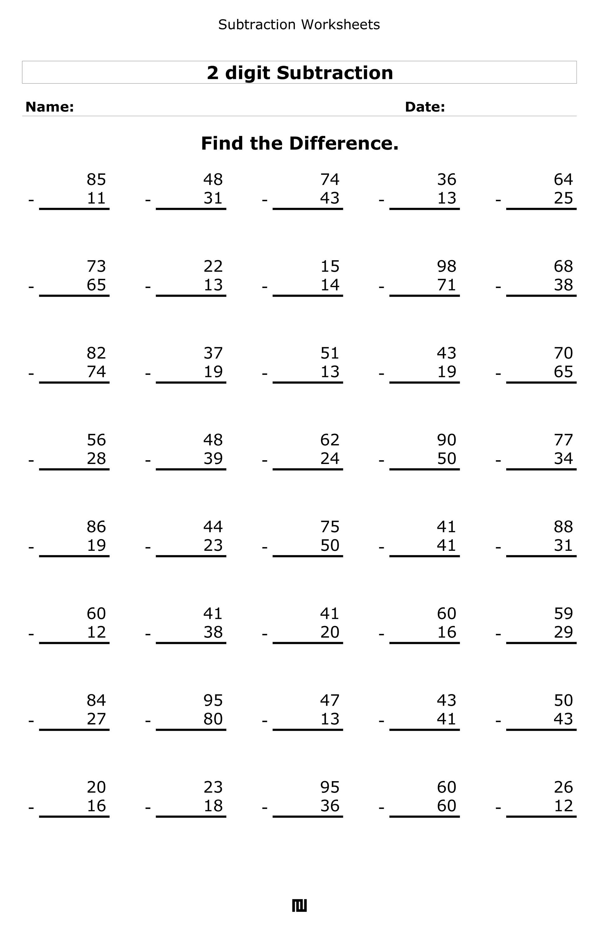2 Digit Subtraction Worksheets. 2 Digit Minus 2 Digit Subtraction ...