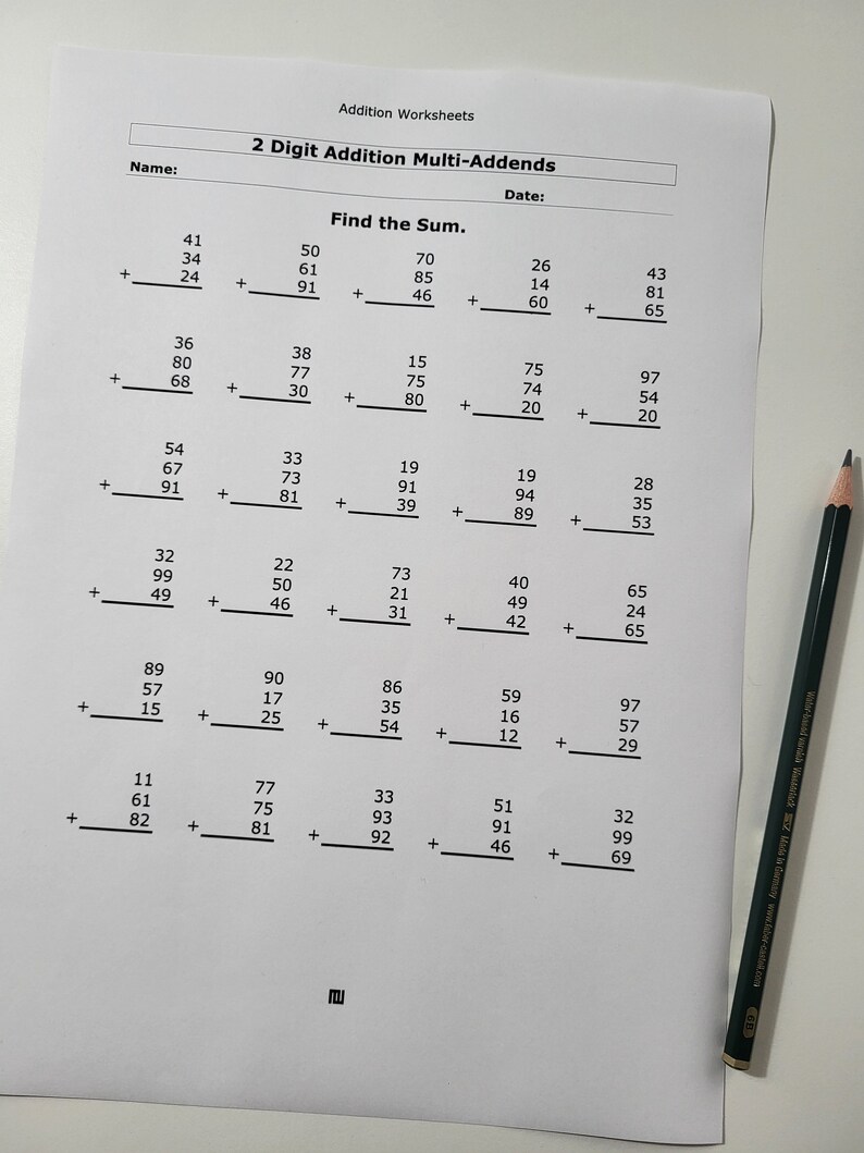 Multi-addends 2 Digit Numbers Worksheets. Add up Three 2 Digit Numbers ...