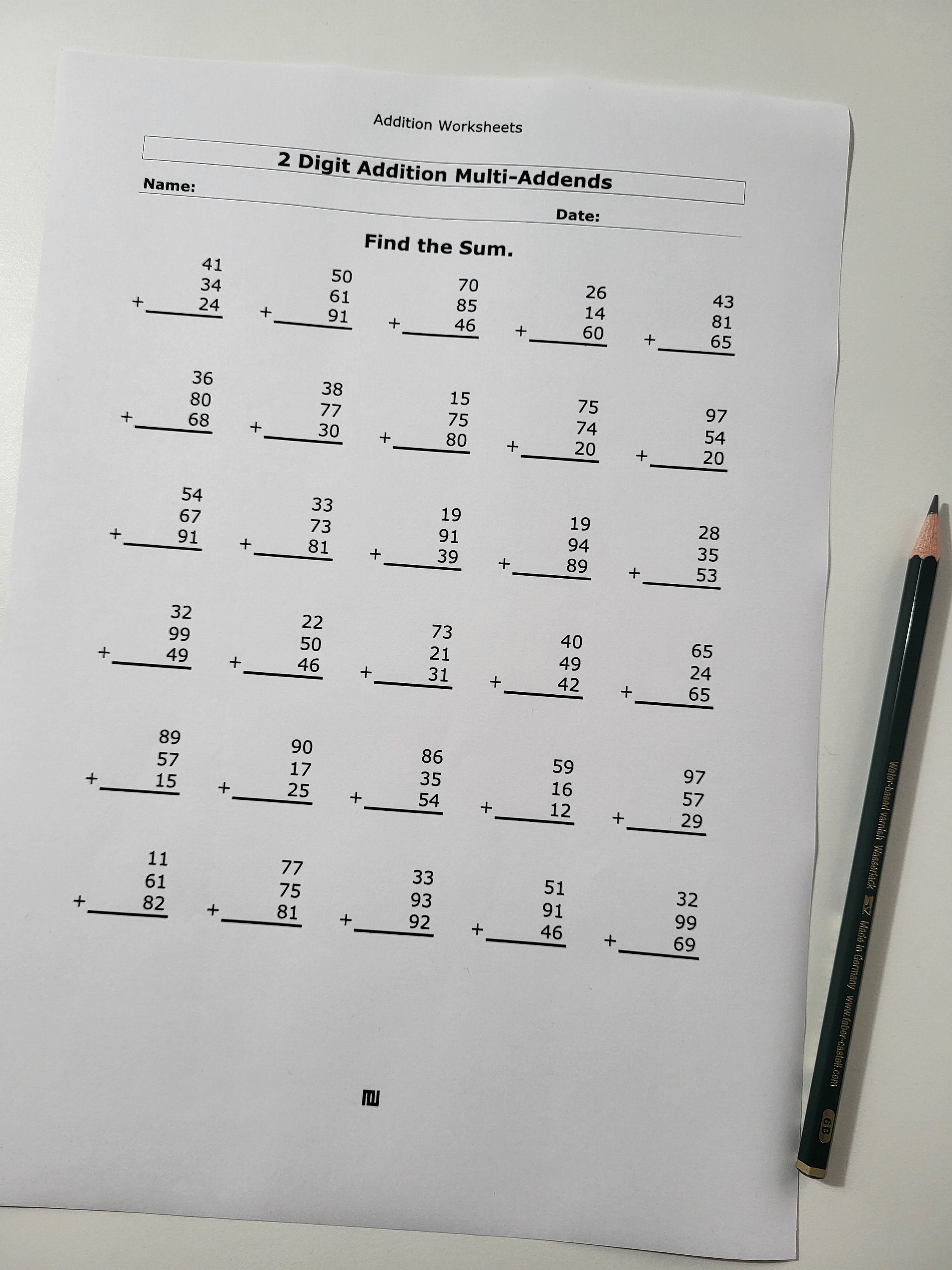 Multi-addends 2 Digit Numbers Worksheets. Add up Three 2 Digit Numbers ...