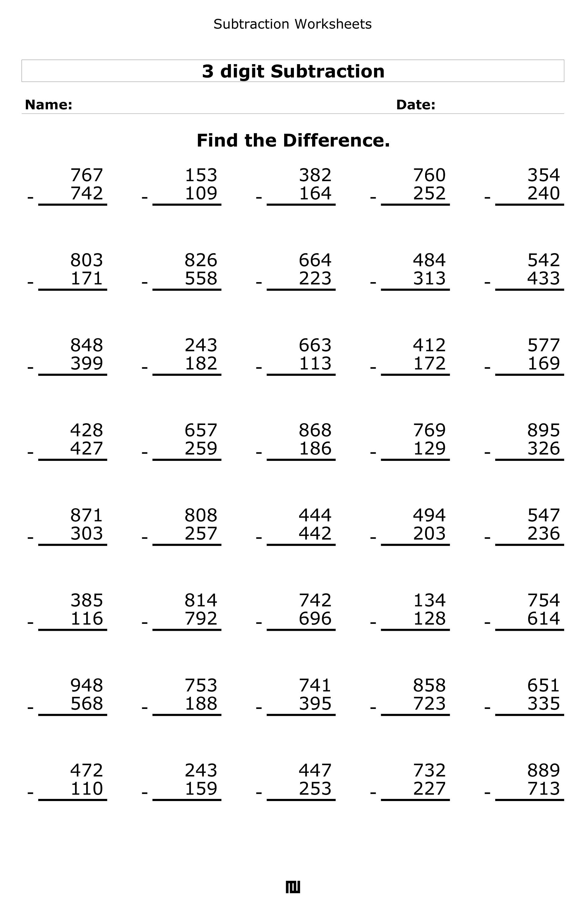 3 Digit Subtraction Worksheets. 3 Digit Minus 3 Digit Subtraction ...