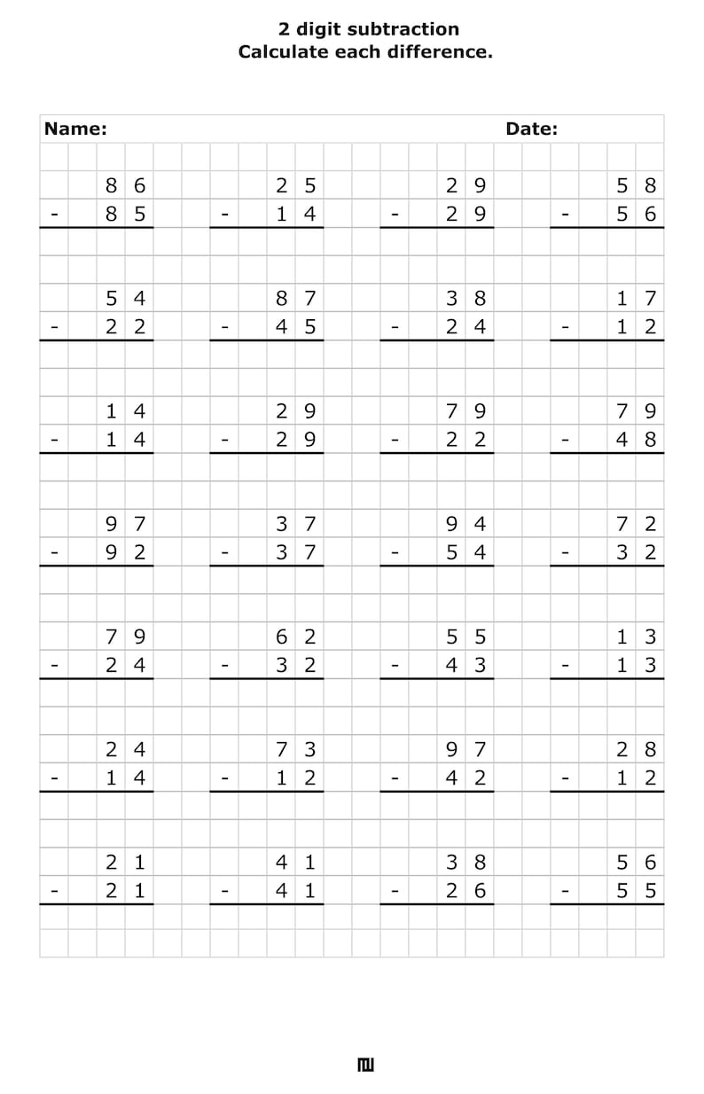 Double Digit Subtraction Worksheets for Kids. Subtracting 2 Digit ...