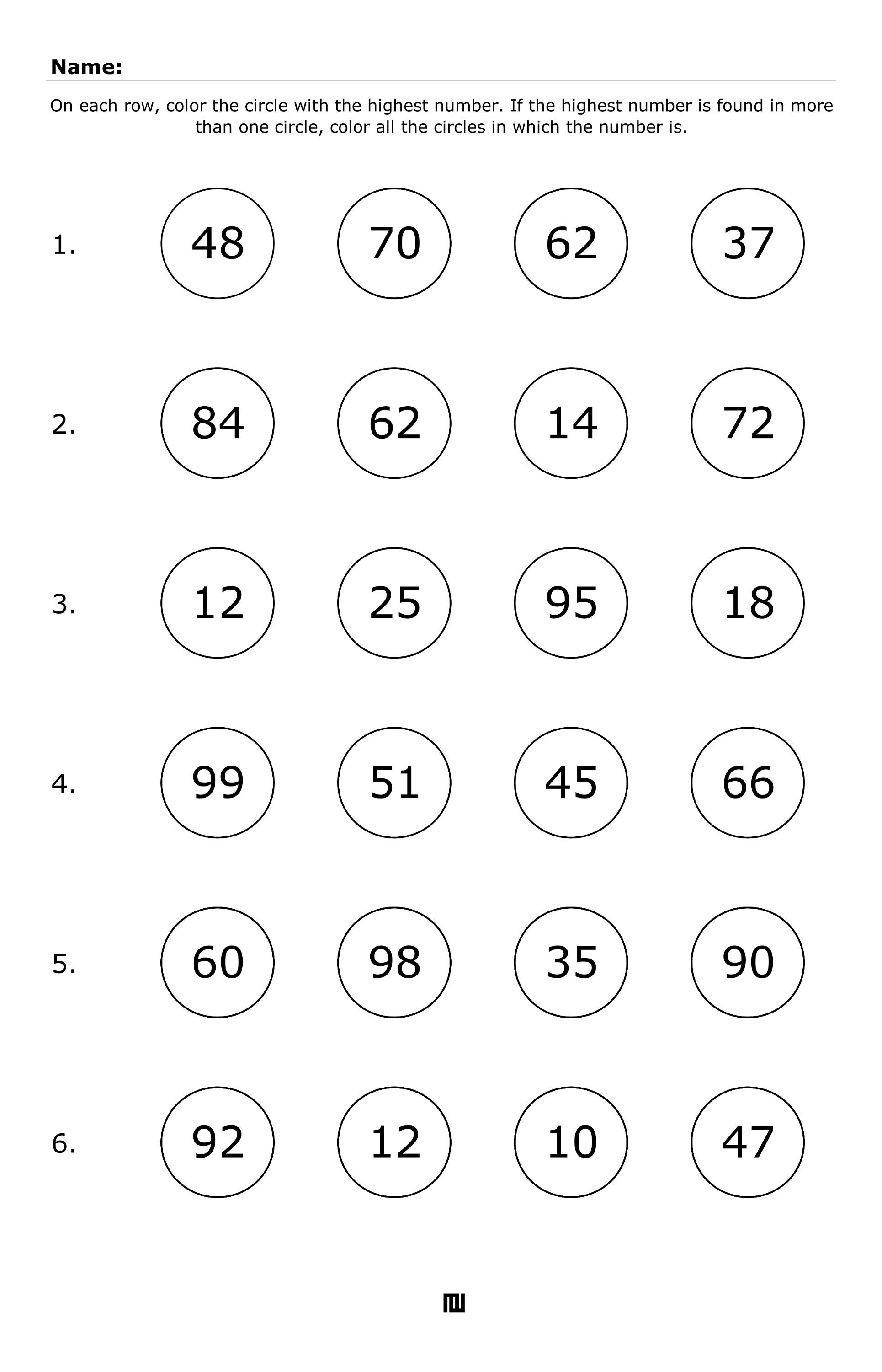 Identify the Biggest Number Worksheets. Color the Circle That Has the ...