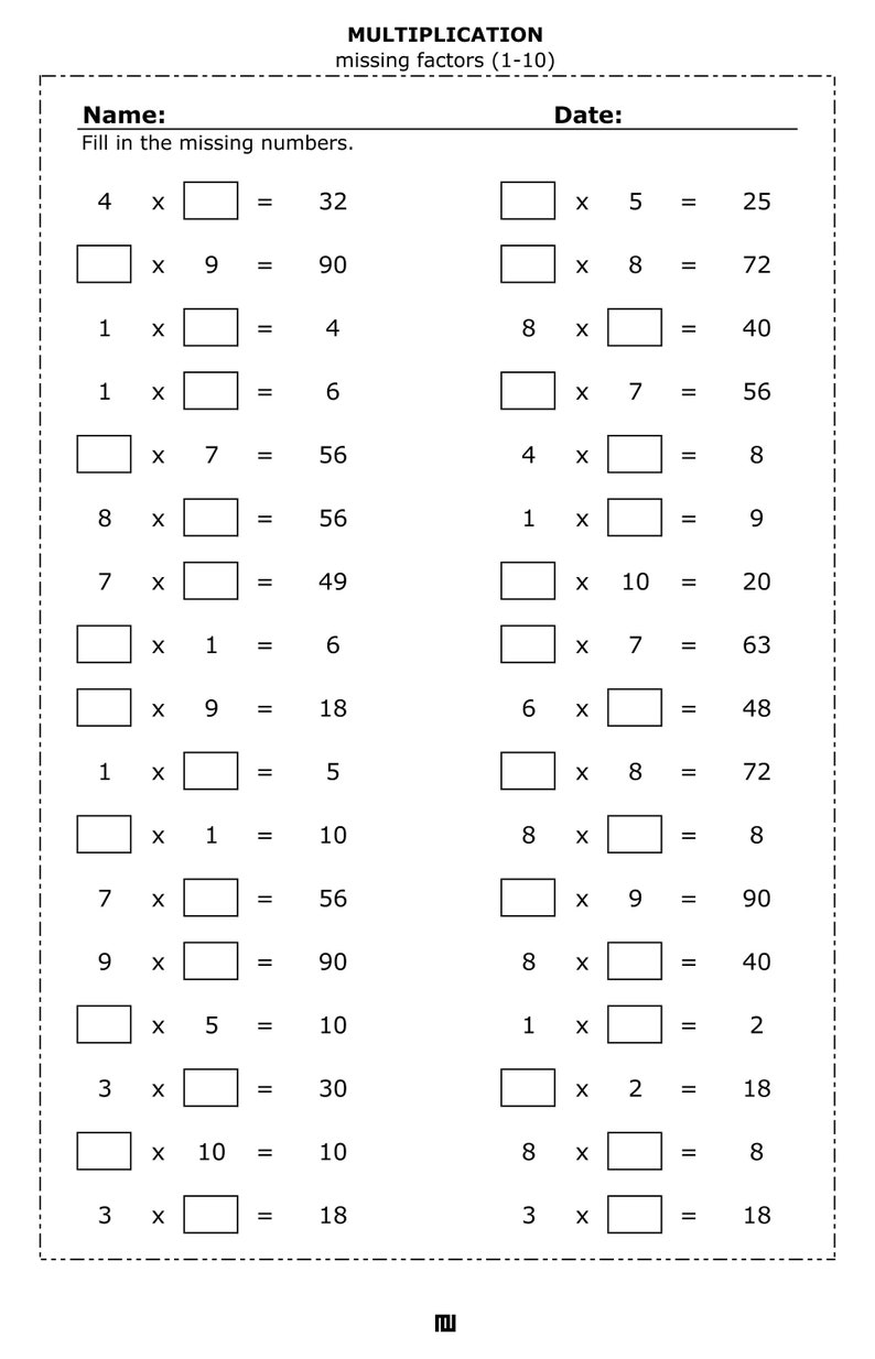 Multiplication Missing Factors 1 to 10. Multiplication 1 Digit Missing ...