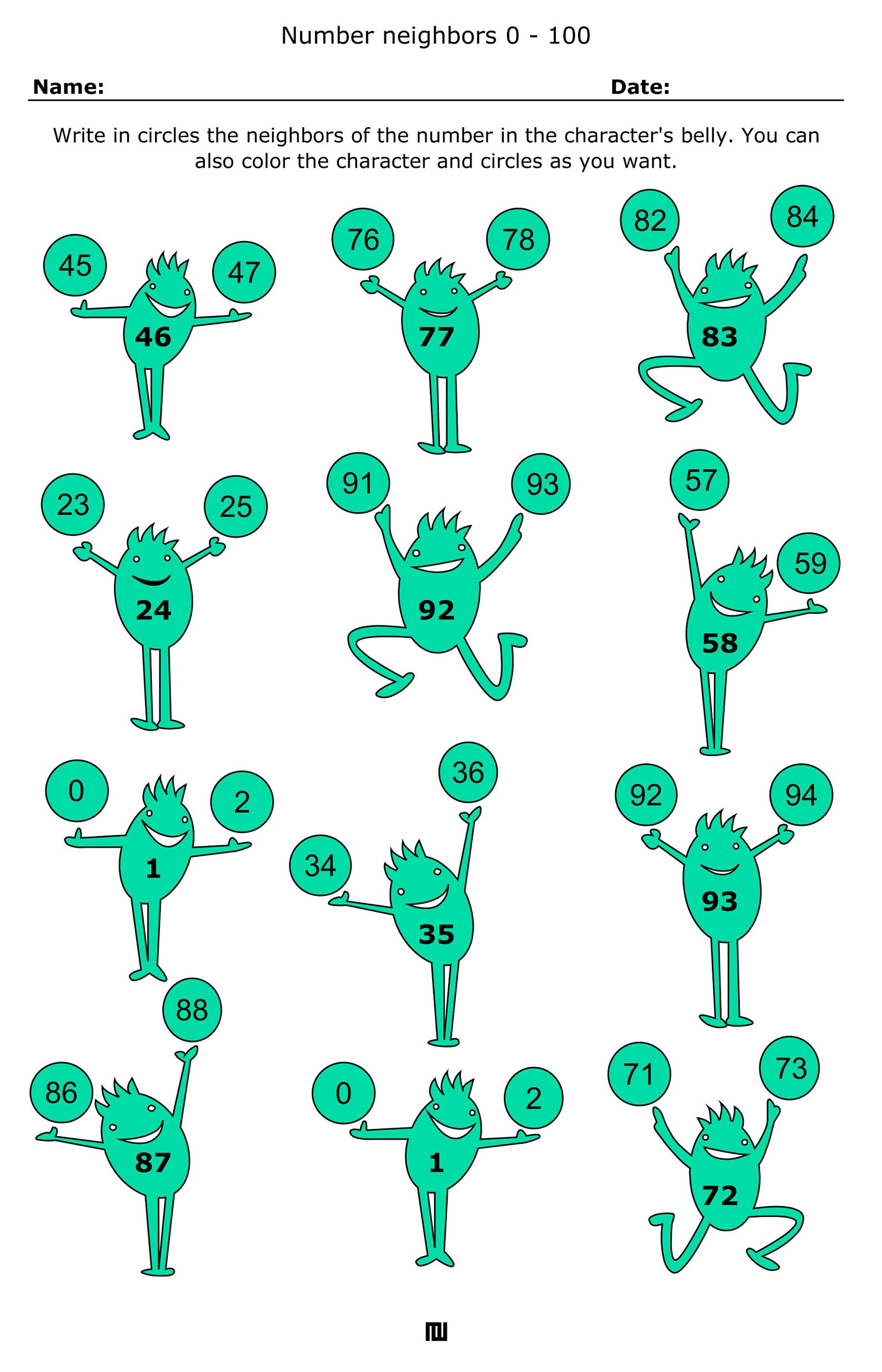 Number Neighbors 0 to 100 Printable Counting Activity for Kids. Number ...