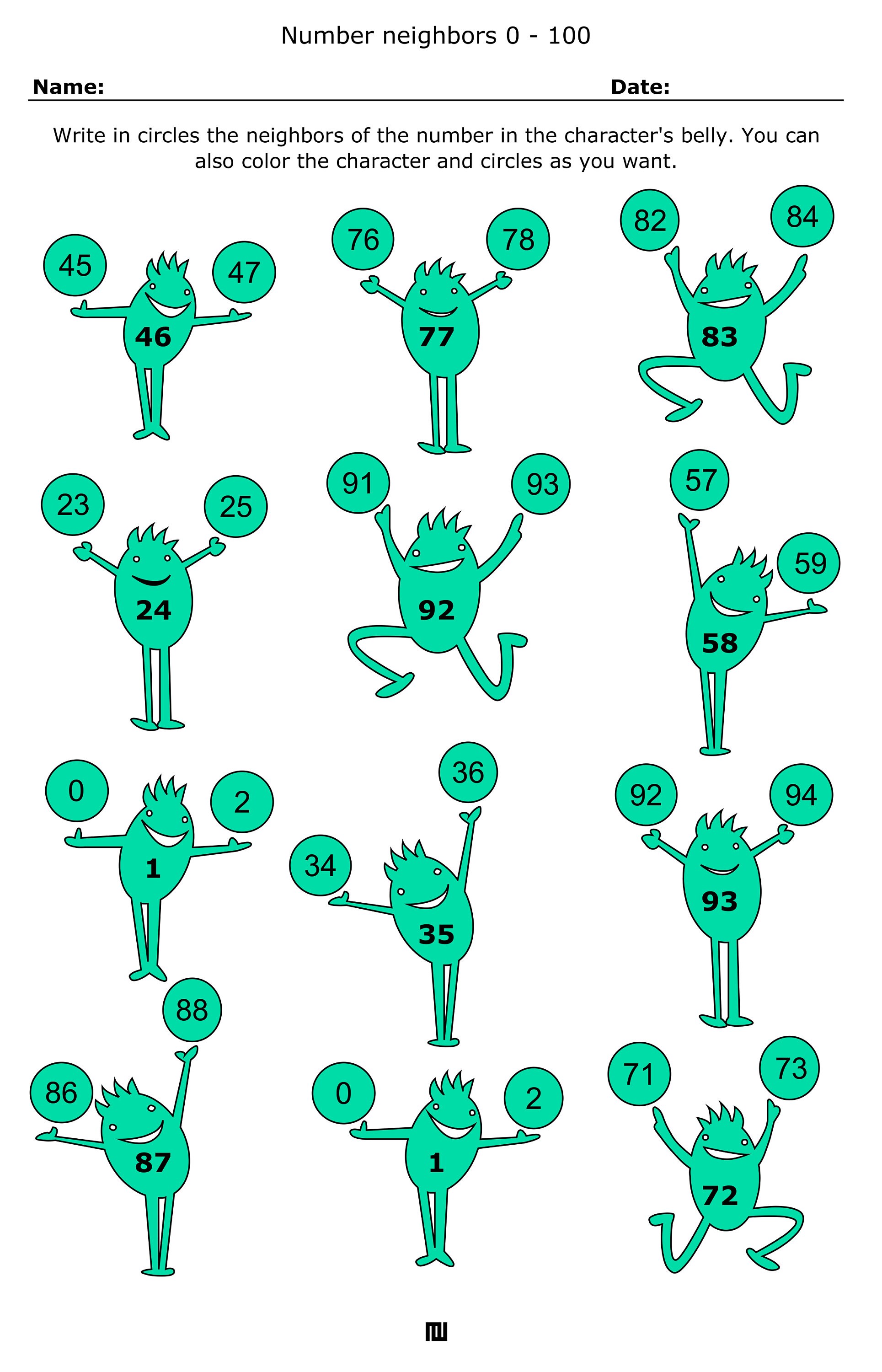 Number Neighbors 0 to 100 Printable Counting Activity for Kids. Number ...