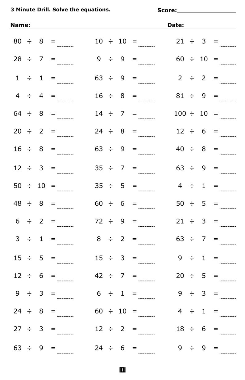 Division Facts Worksheets: 3-minute Drills, 100 Pages (PDF) - Etsy
