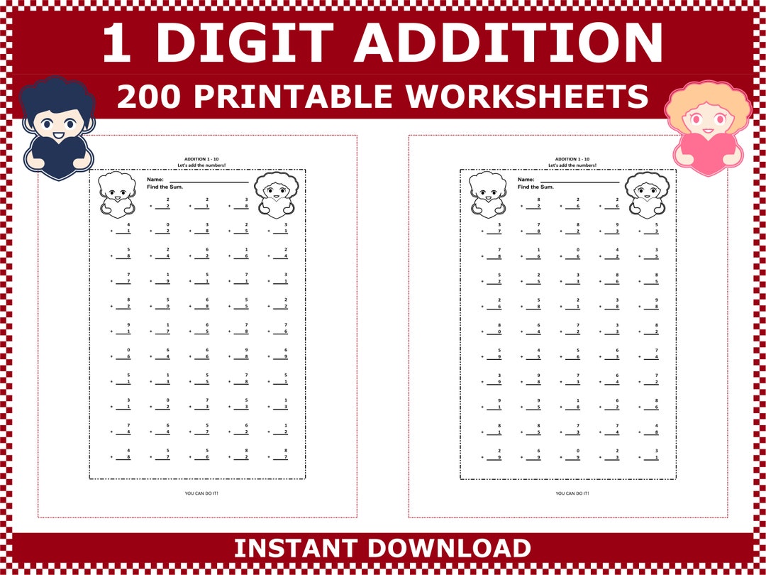 1 Digit Plus 1 Digit Addition Worksheets. Kindergarten Math. - Etsy