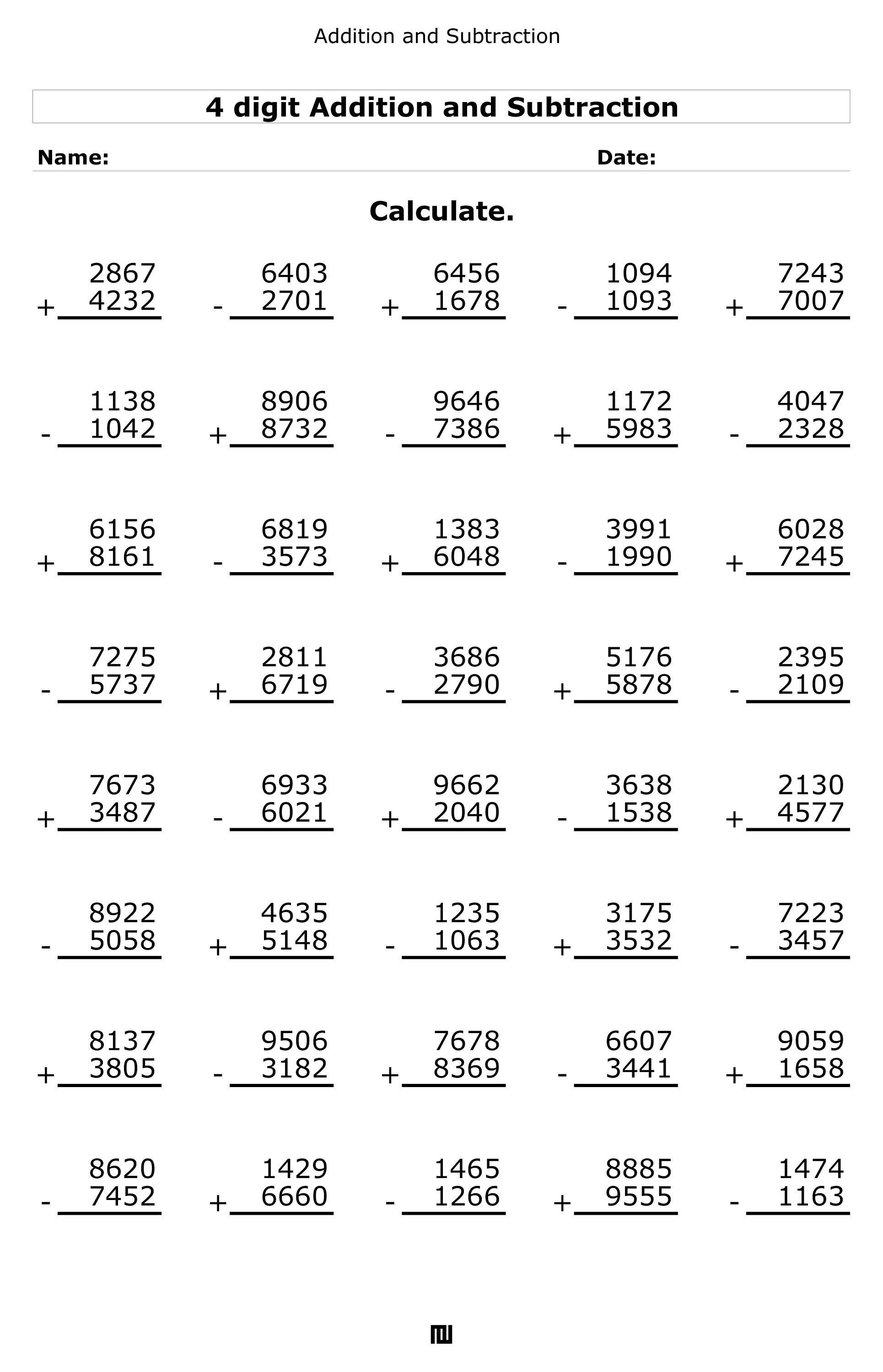 4-digit Plus/minus 4-digit Addition and Subtraction With Some Regrouping. 4 Digit Mixed Addition ...