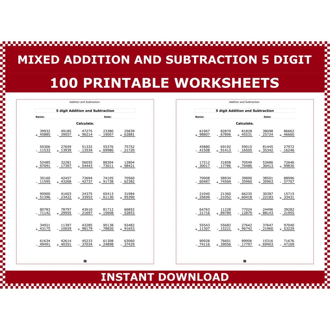 5-digit Plus/minus 5-digit Addition and Subtraction With Some ...