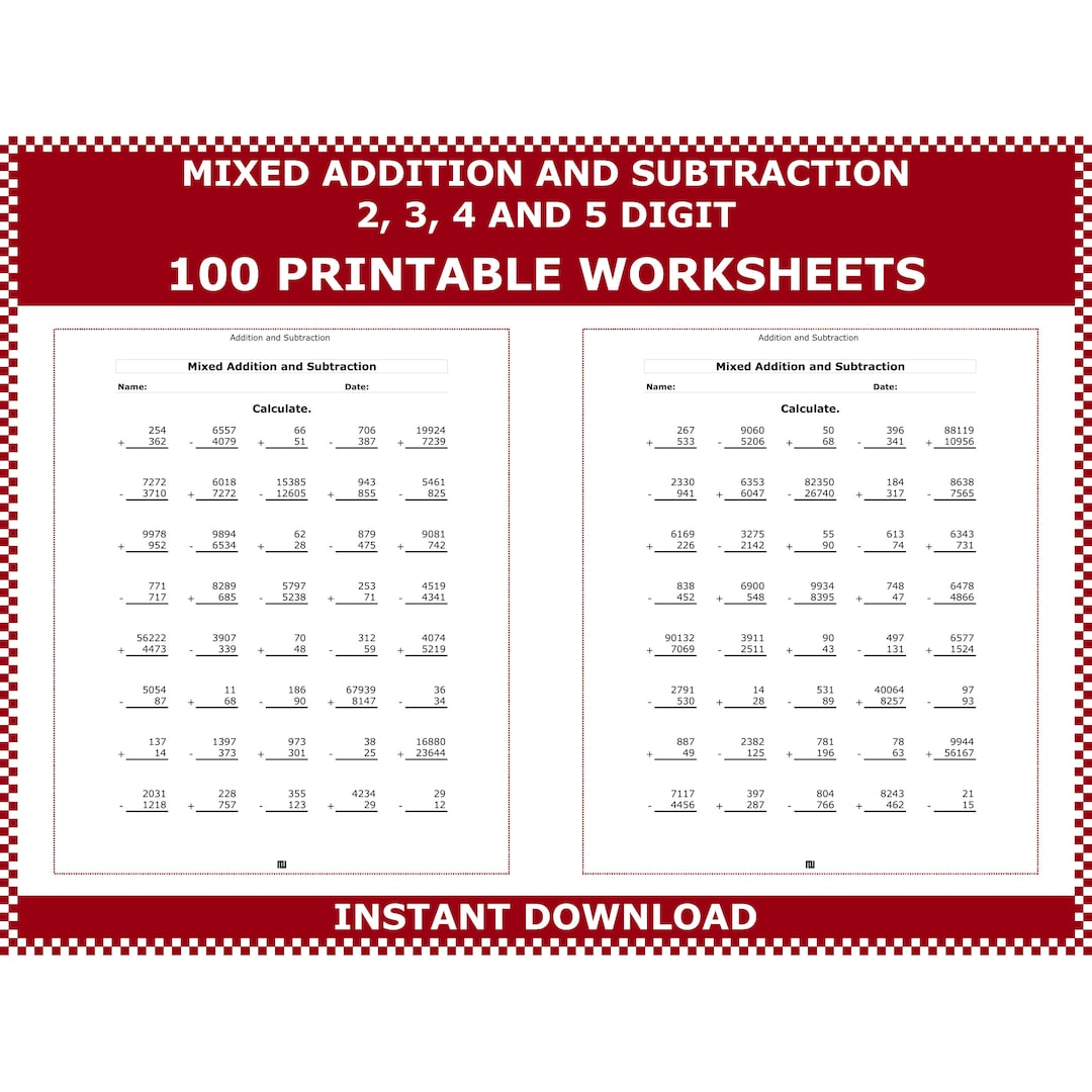 Addition and Subtraction 2, 3, 4 and 5 Digit Regrouping Practice Pages ...