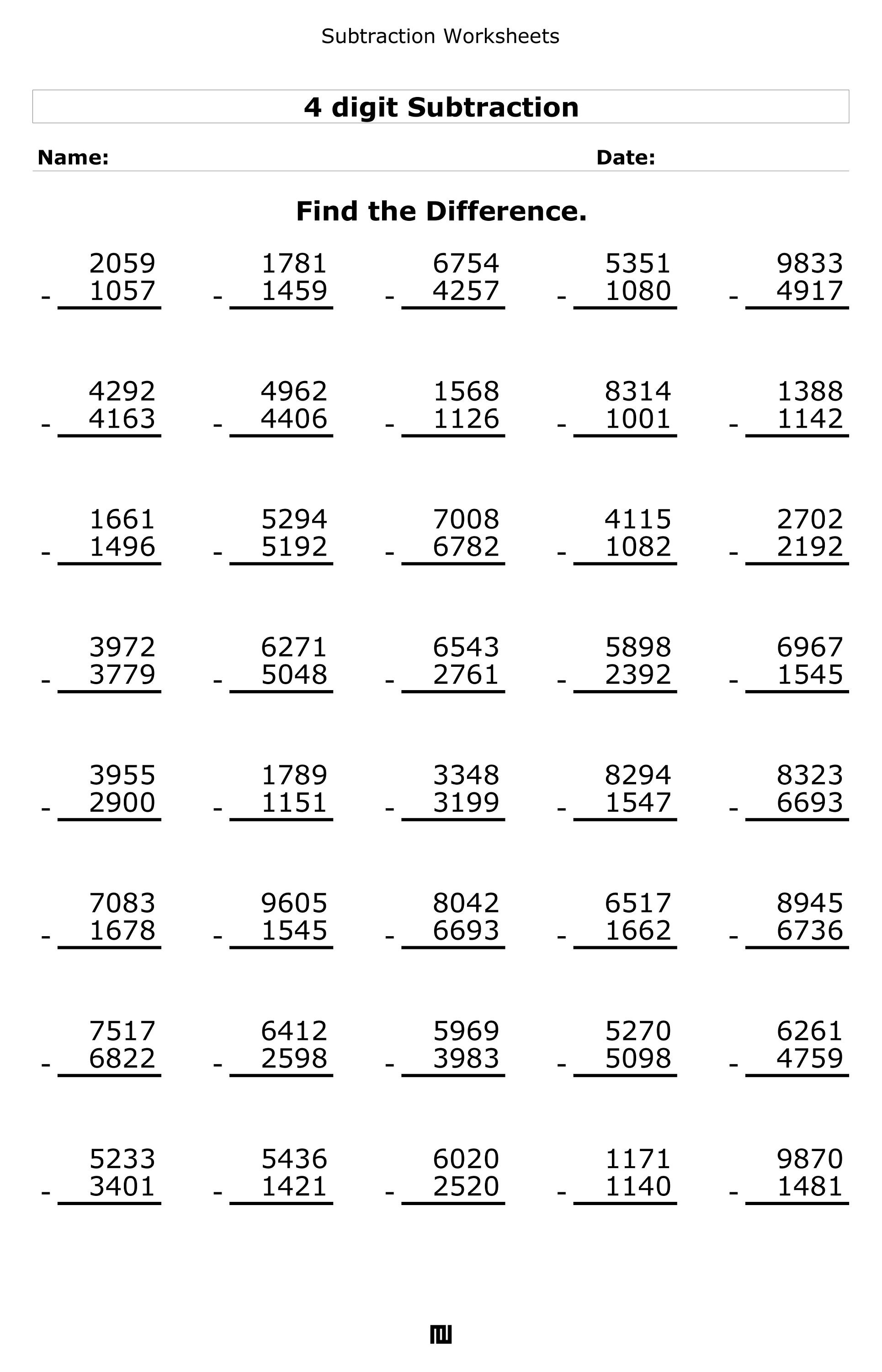 4 Digit Subtraction Worksheets. 4 Digit Minus 4 Digit Subtraction ...