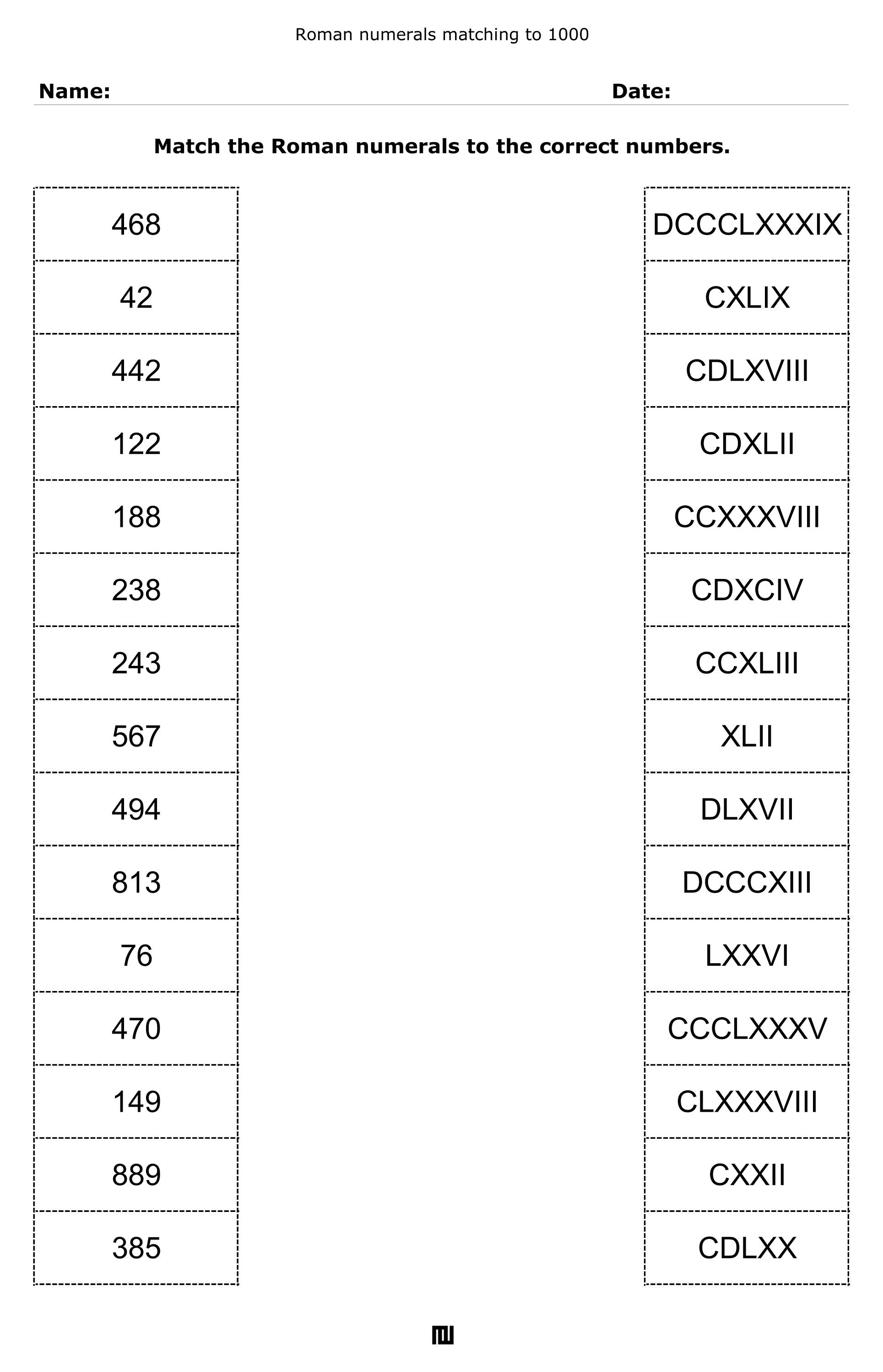 Roman Numerals Matching to 1000. Match the Numbers 1 to 1000. Roman ...