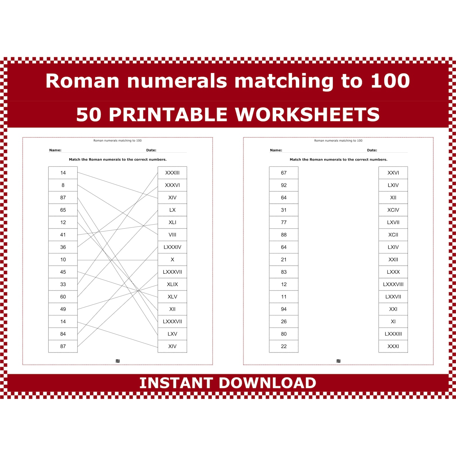 Roman Numerals Matching to 100. Match the Numbers 1 to 100. Converting ...
