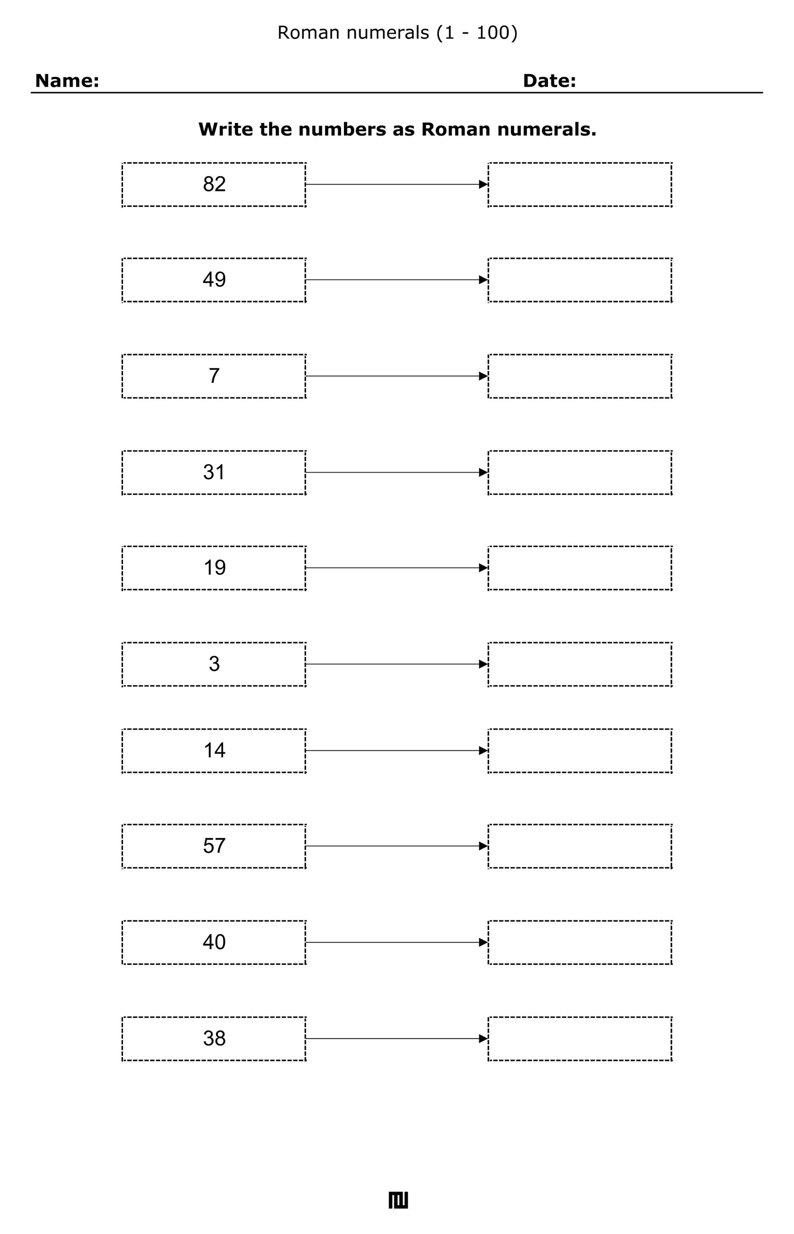 Write the Numbers as Roman Numerals From 1 to 100. Arabic and Roman ...