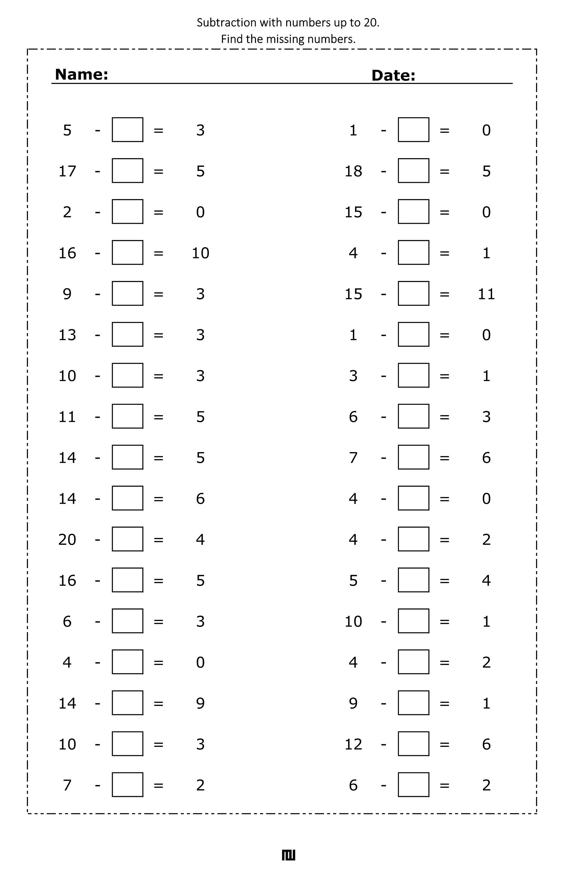 Subtraction With Numbers up to 20. Find the Missing Numbers. Mental ...